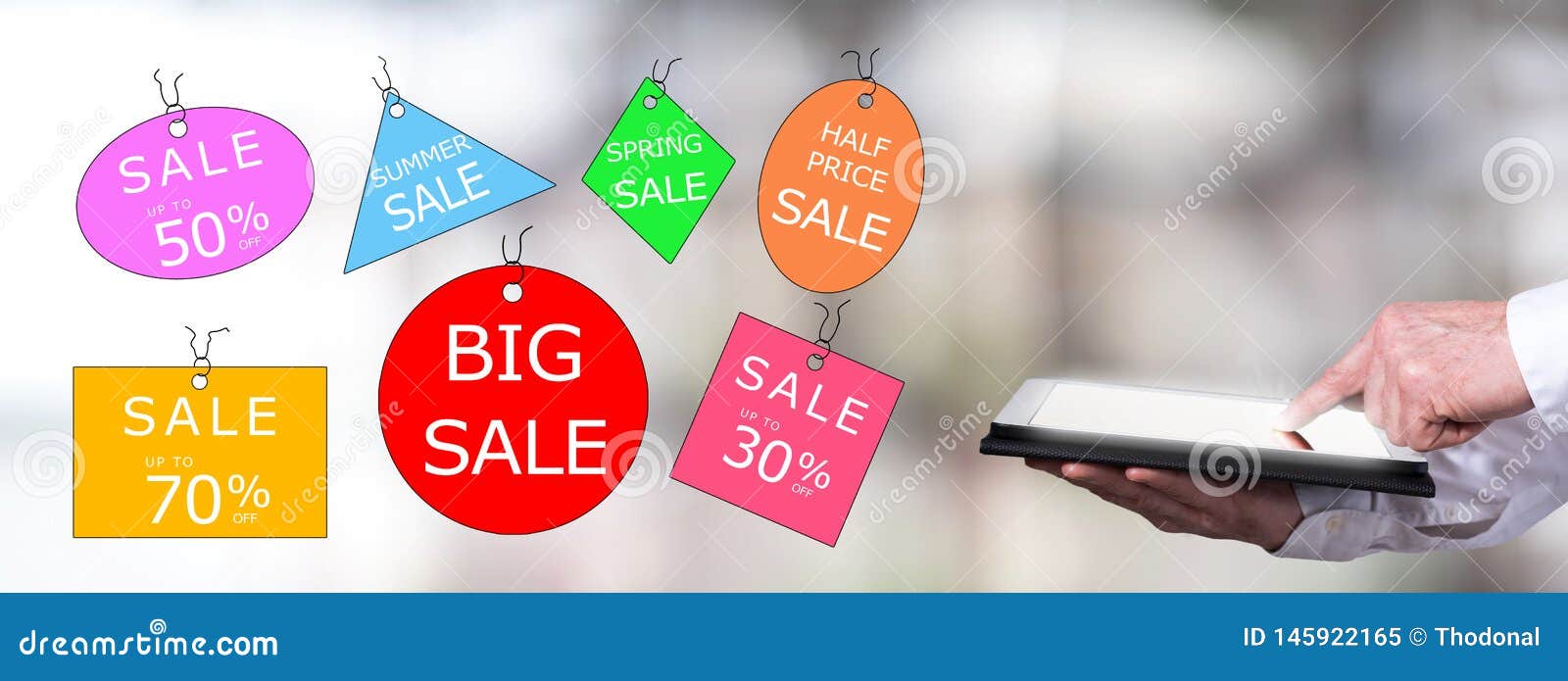 Sale Concept with Man Using a Tablet Stock Illustration - Illustration ...