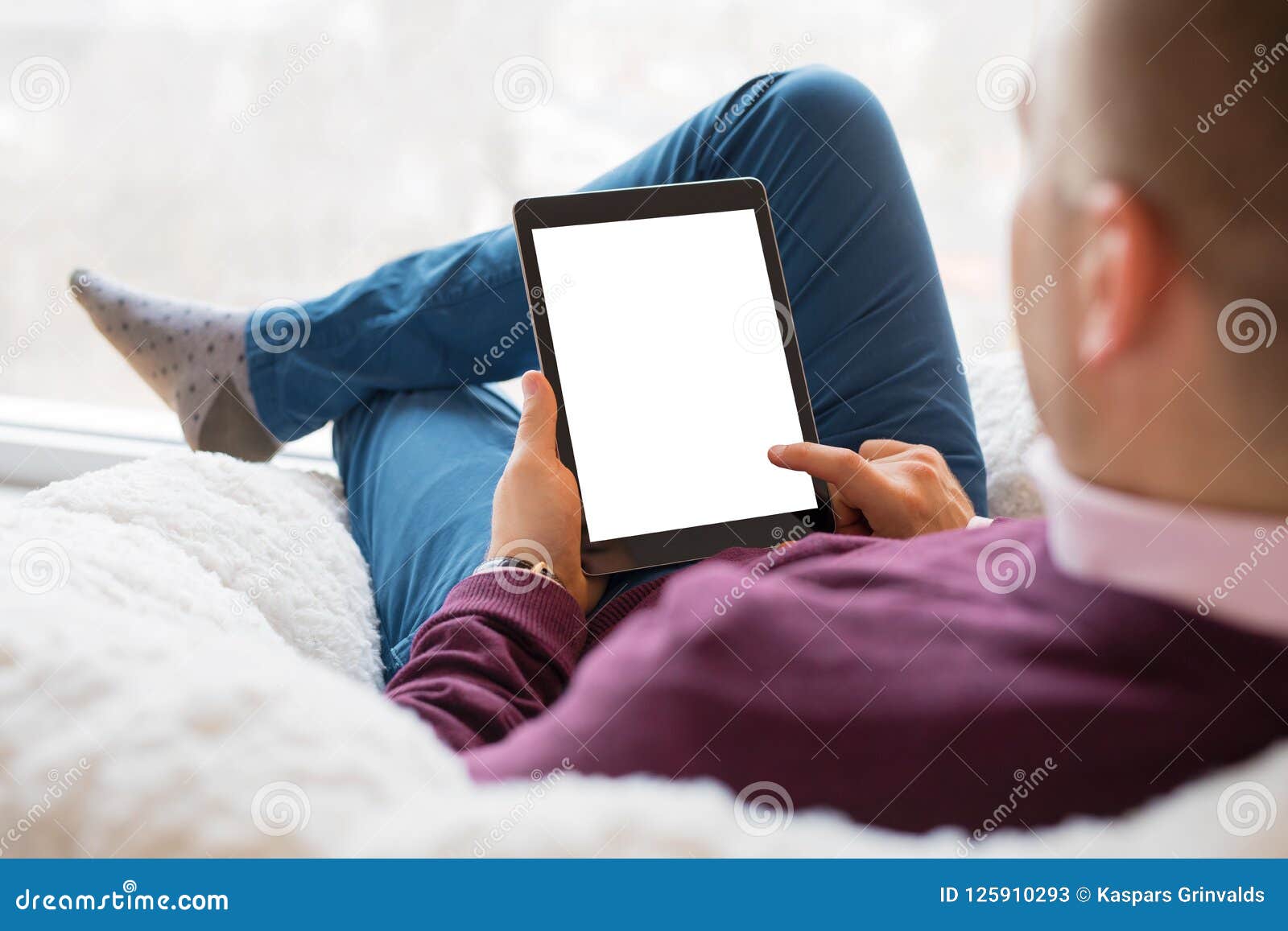 Man Using Tablet. Tablet Vertical Screen Mockup Stock Image - Image of ...