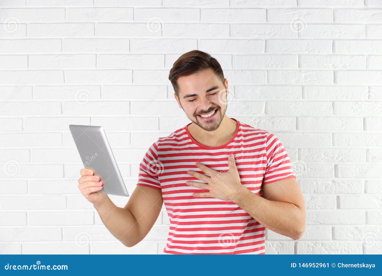 Man Using Tablet for Video Chat Stock Image - Image of call ...