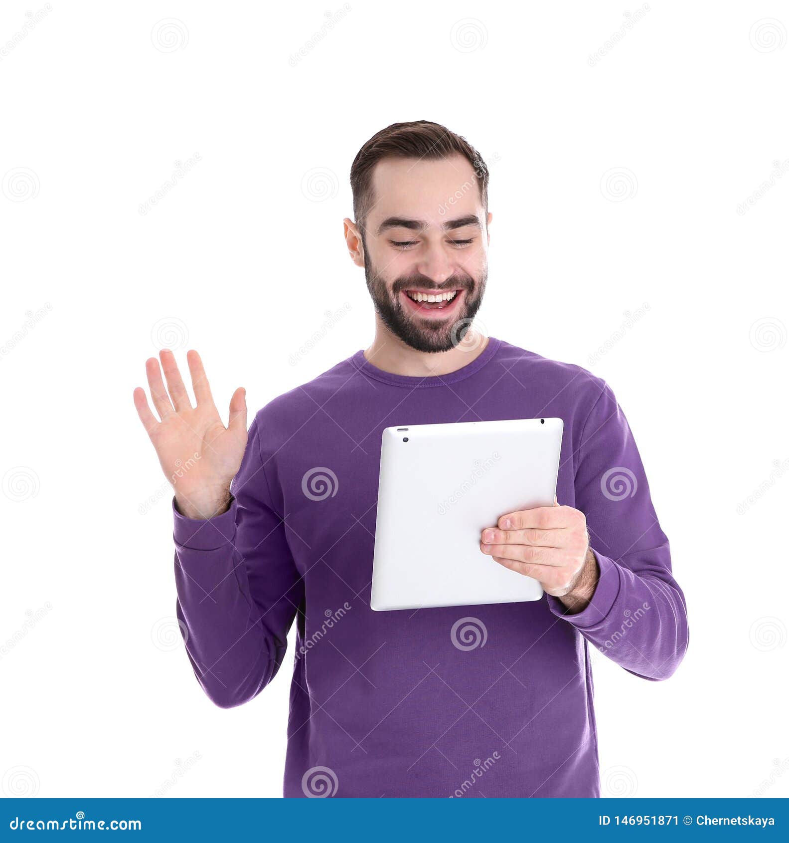 Man Using Tablet for Video Chat on White Stock Image - Image of ...
