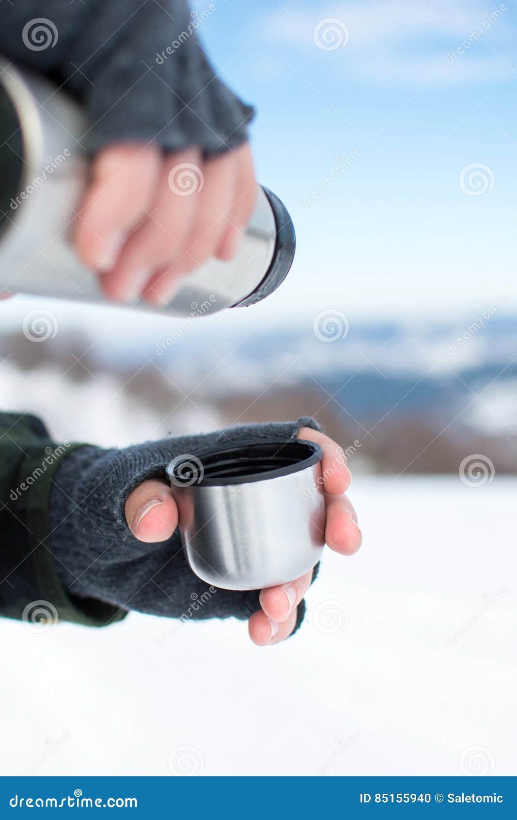 Man Using Thermos in on a Snowy Mountain Stock Photo - Image of holding ...
