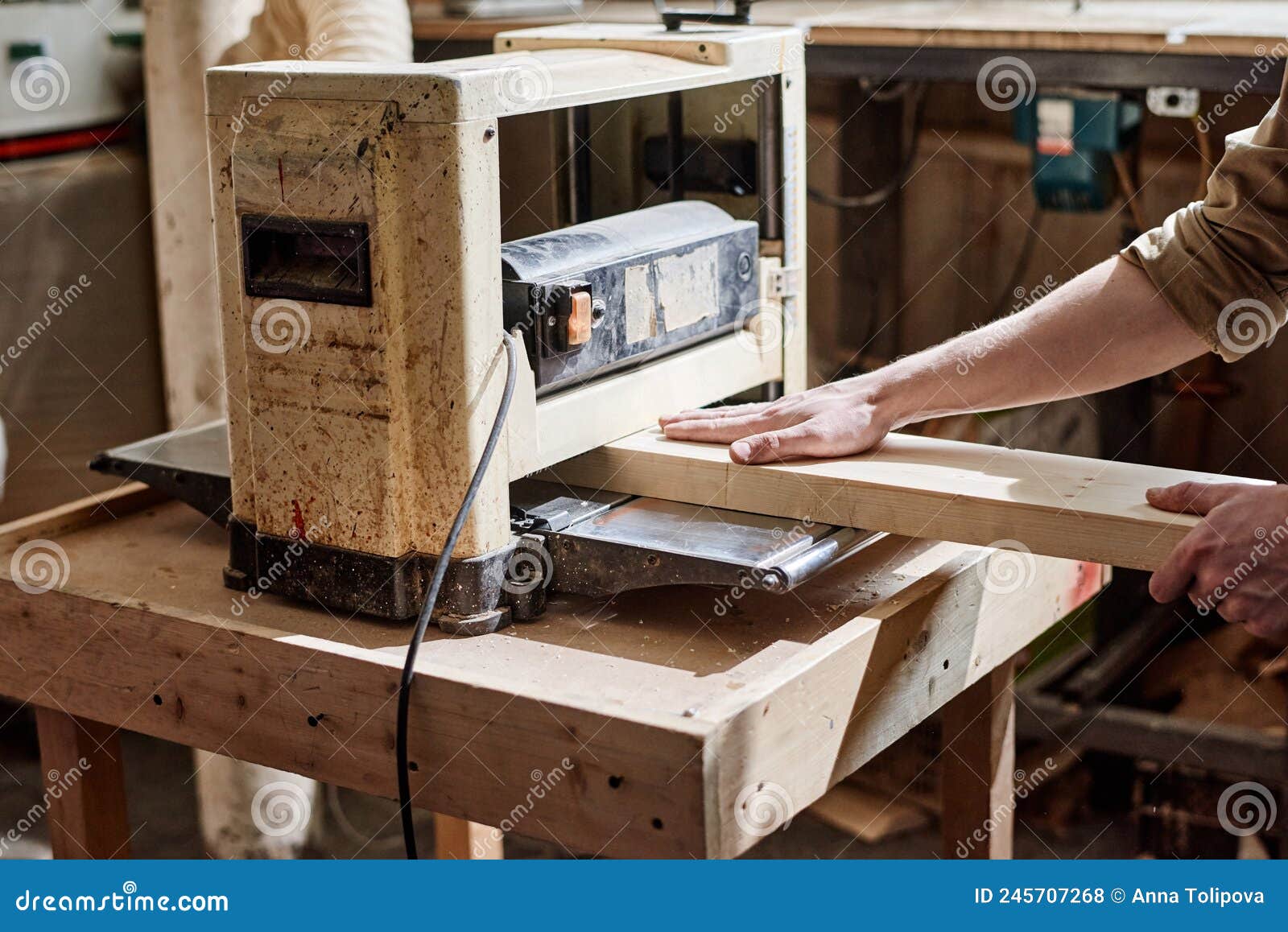 Man Using Thickness Planer in Workshop Stock Photo - Image of handyman ...