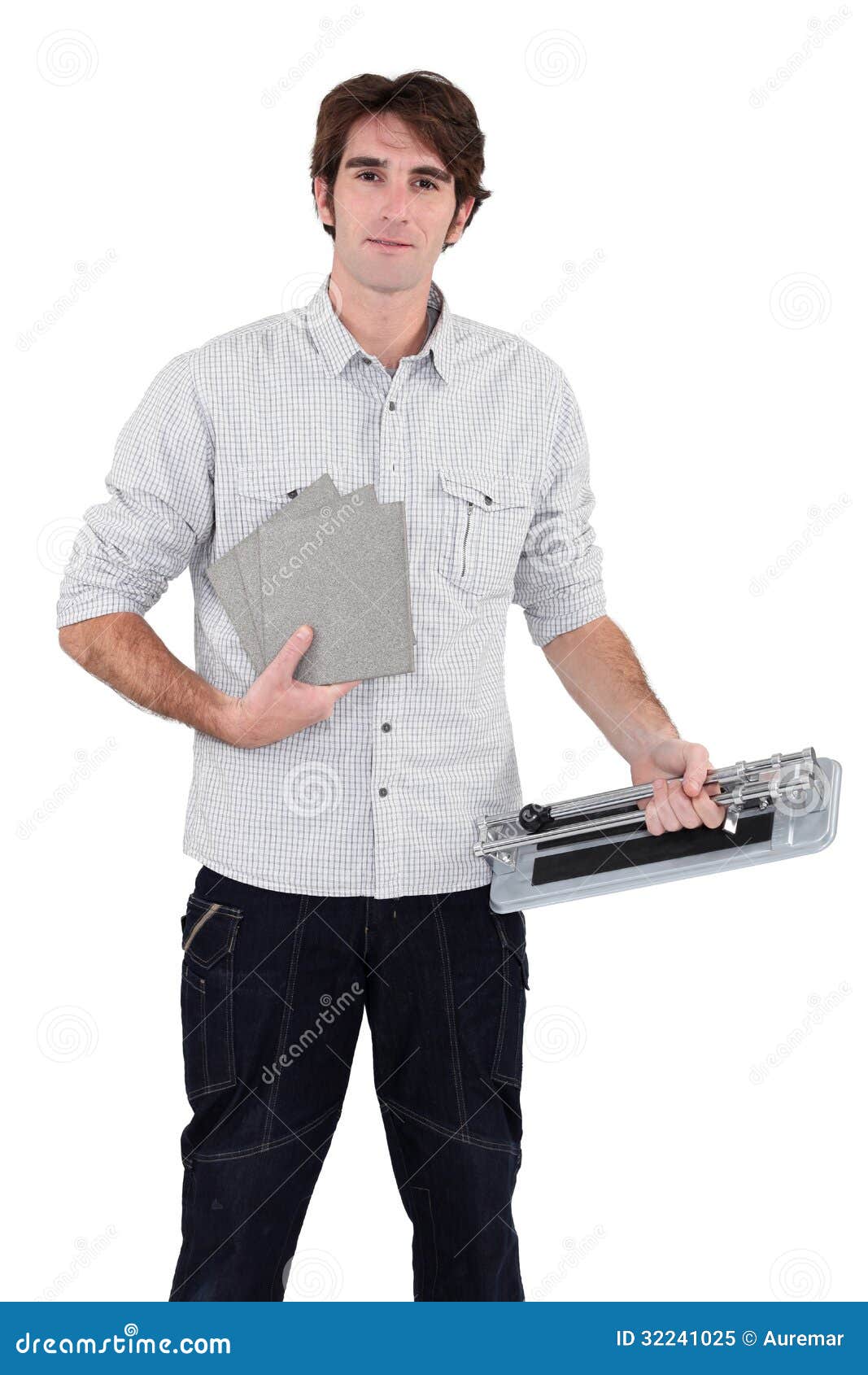 Man using a tile cutter stock image. Image of installation - 32241025