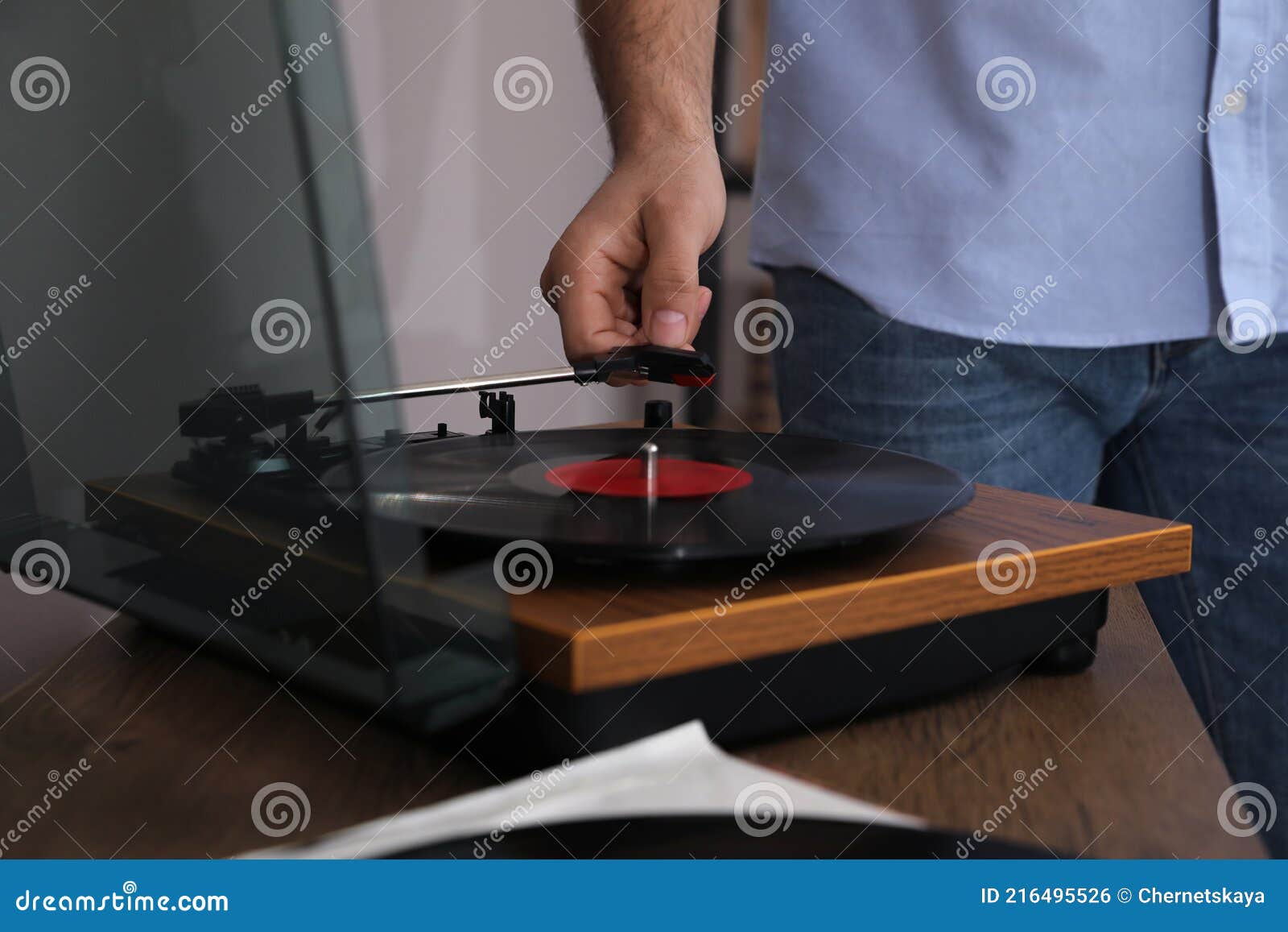 Man Using Turntable at Home, Closeup View Stock Photo - Image of audio ...