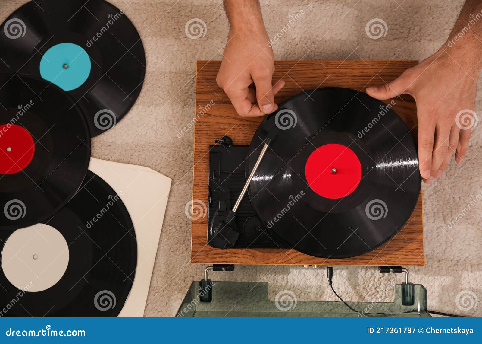 Man Using Turntable at Home, Top View Stock Image - Image of audio ...