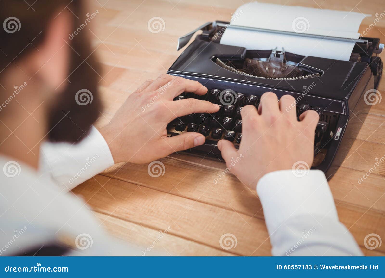 Man Using Typewriter at Desk in Office Stock Image - Image of view ...