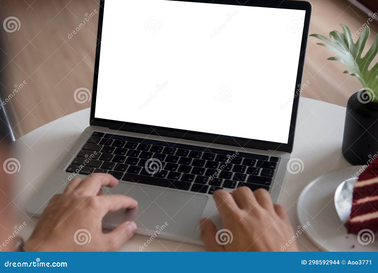 Man Using and Typing on Laptop Computer Mockup with Blank Screen Stock ...