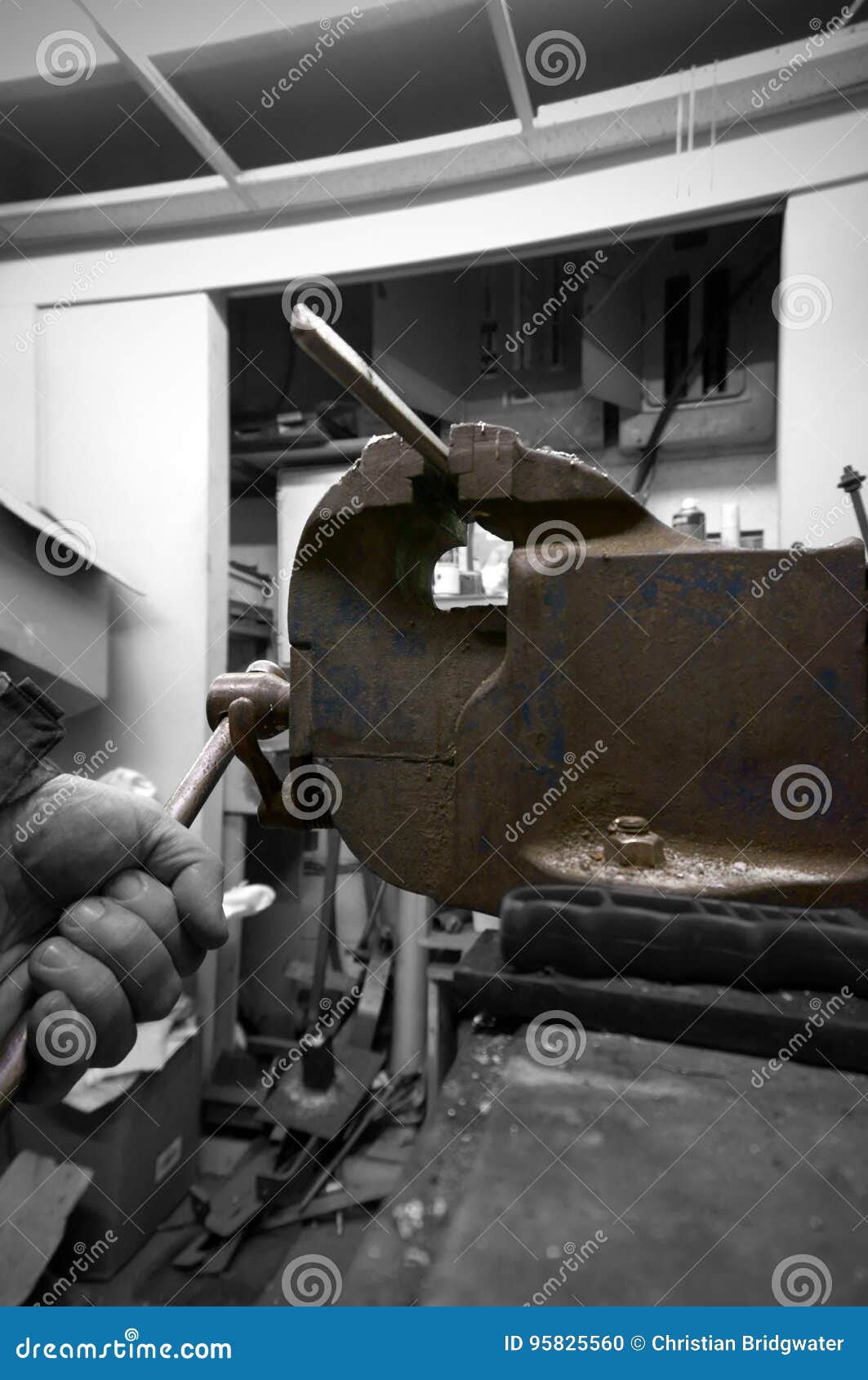 Man Using a Vice in a Workshop. Stock Photo - Image of construction ...