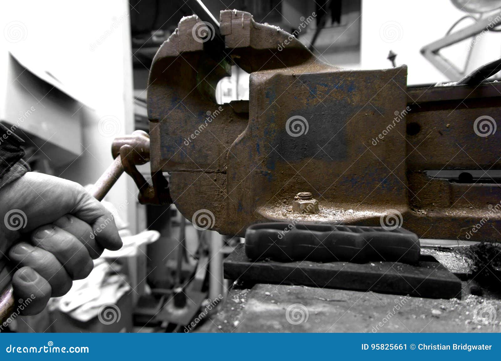 Man Using a Vice in a Workshop. Stock Image - Image of skill ...