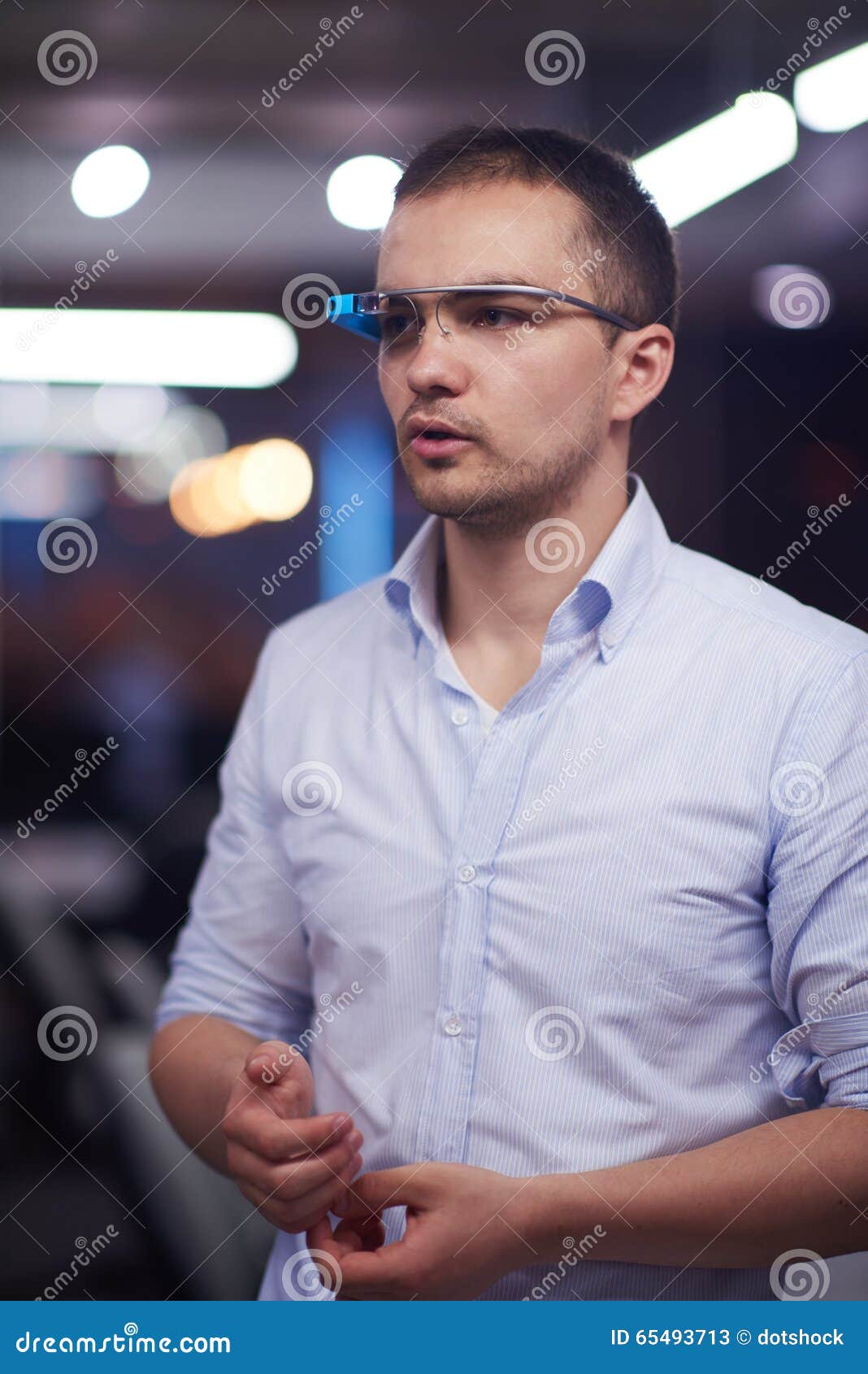 Man Using Virtual Reality Gadget Computer Glasses Stock Image - Image ...