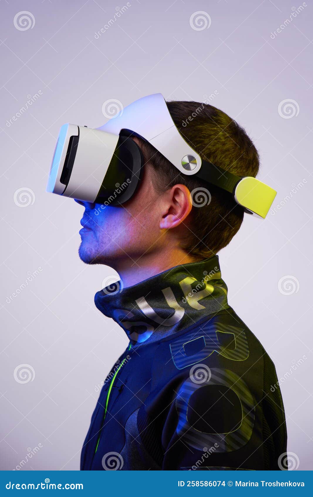 Man is Using Virtual Reality Headset. Concept of Virtual, Augmented and ...