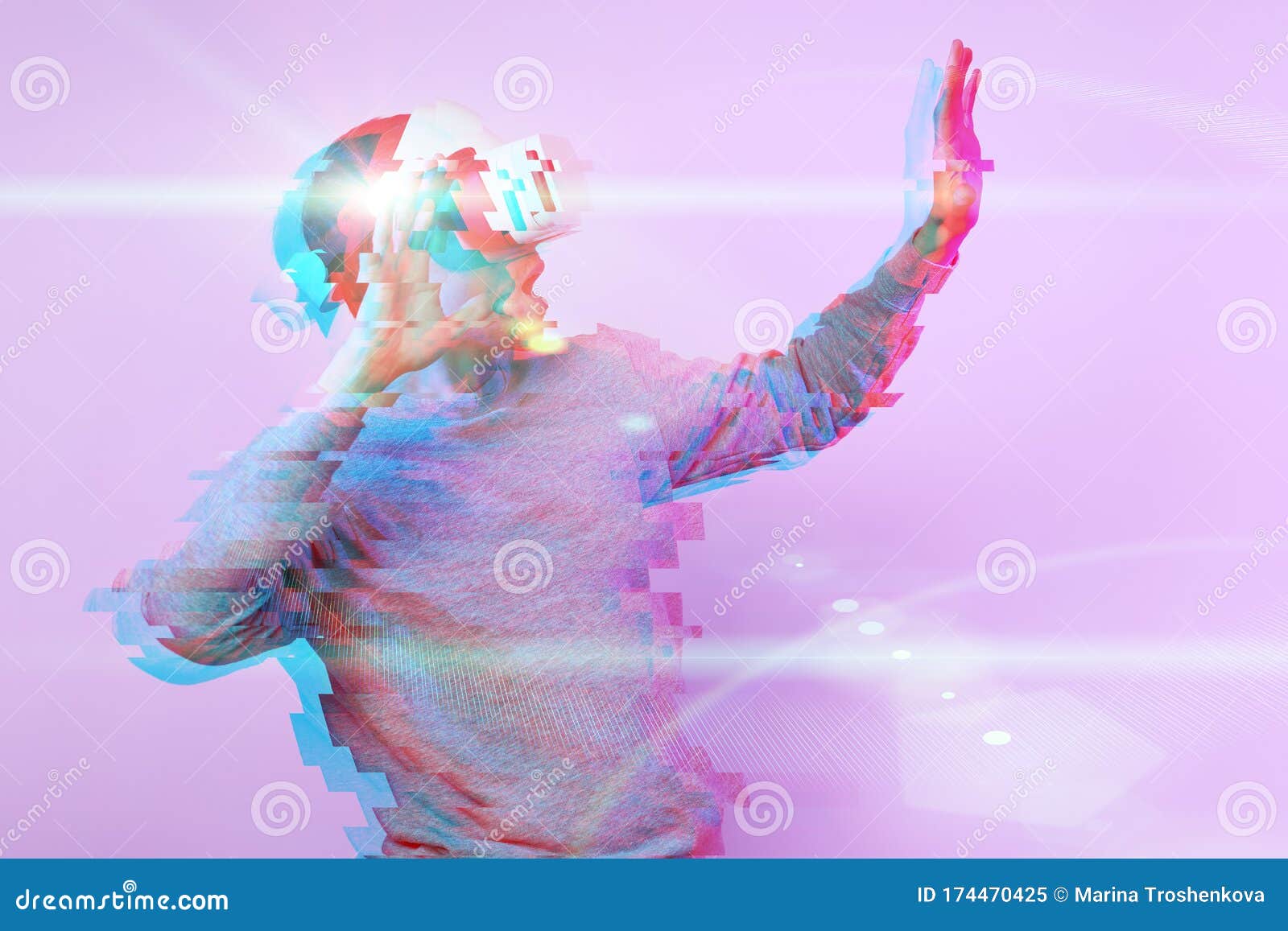Man is Using Virtual Reality Headset. Image with Glitch Effect Stock ...