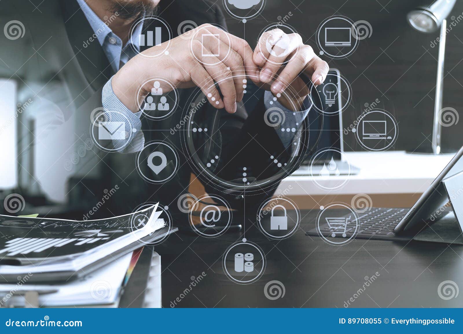Man Using VOIP Headset with Digital Tablet Computer As Concept C Stock ...
