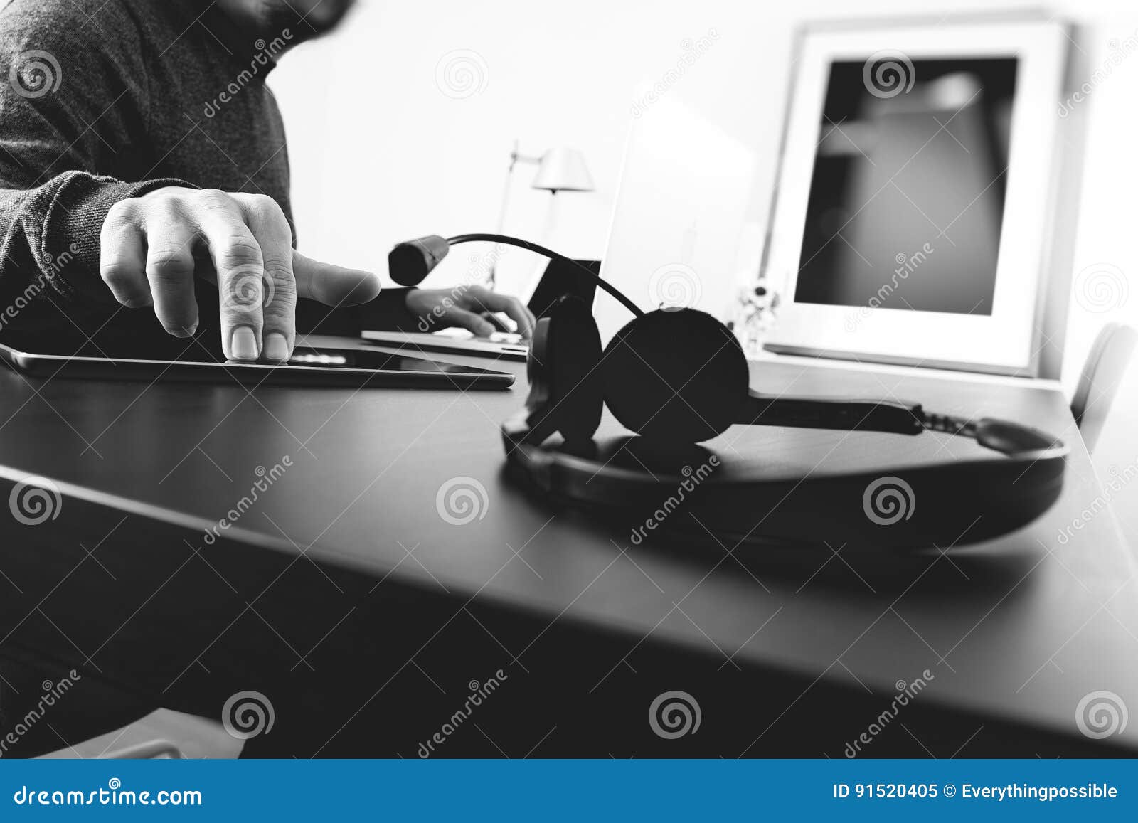 Man Using VOIP Headset with Digital Tablet Computer As Concept C Stock ...