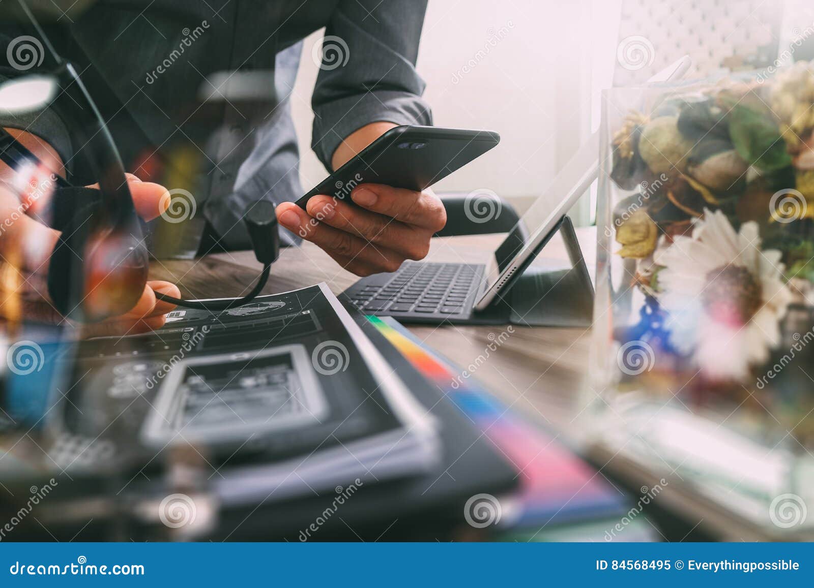 Man Using VOIP Headset with Digital Tablet Computer Docking Keyboard ...