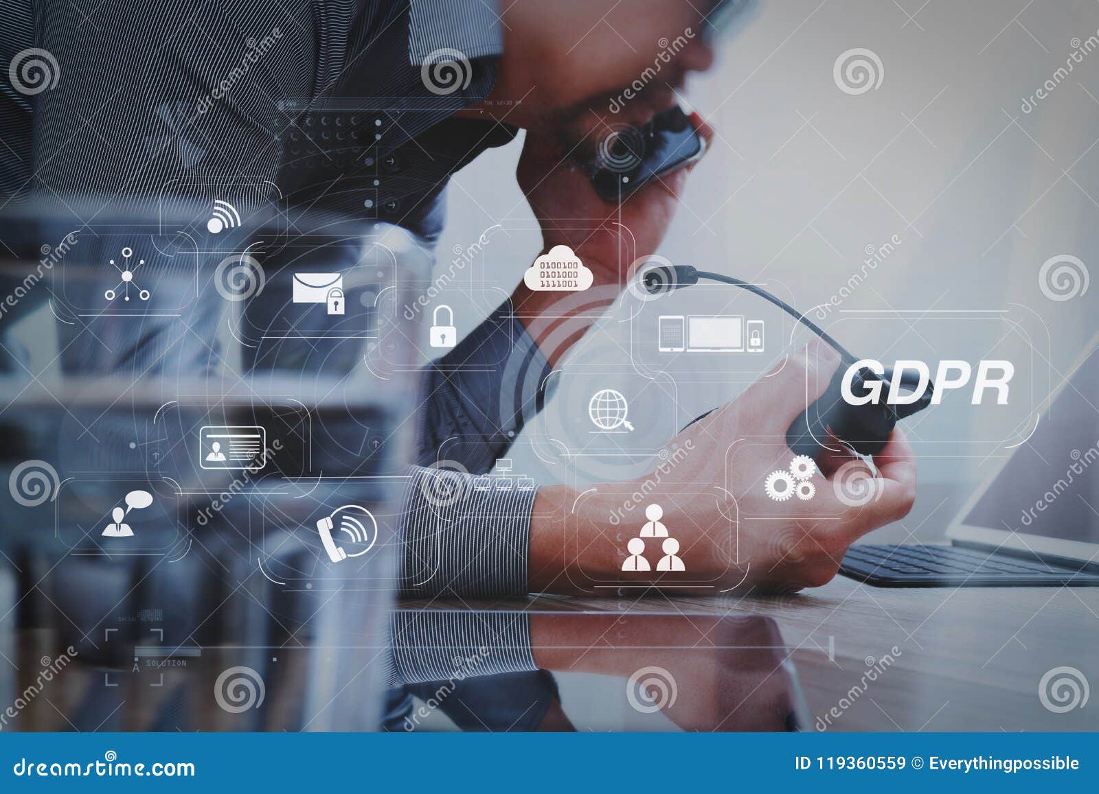 Man Using VOIP Headset with Digital Tablet Computer Docking Smart ...