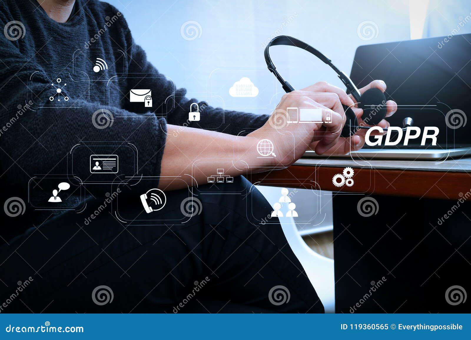 Man Using VOIP Headset with Digital Tablet Computer Docking Smart ...