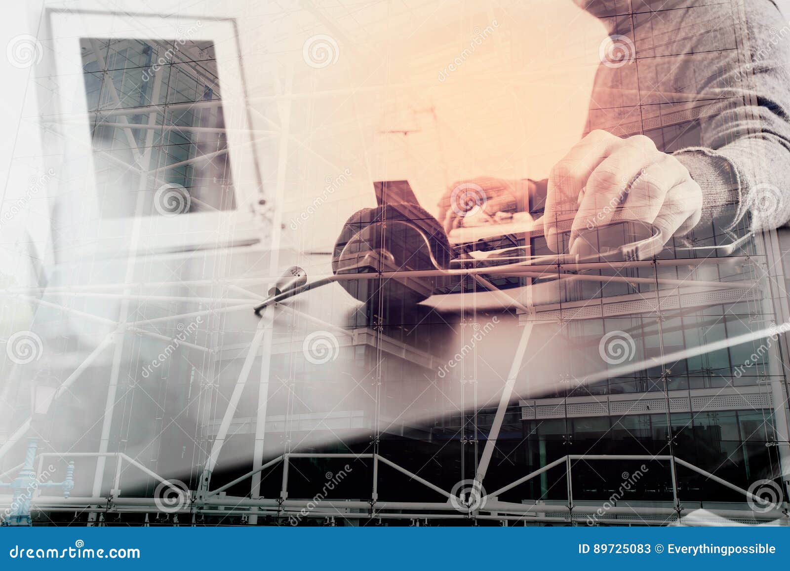 Man Using VOIP Headset with Latop Computer on Desk in Modern Off Stock ...
