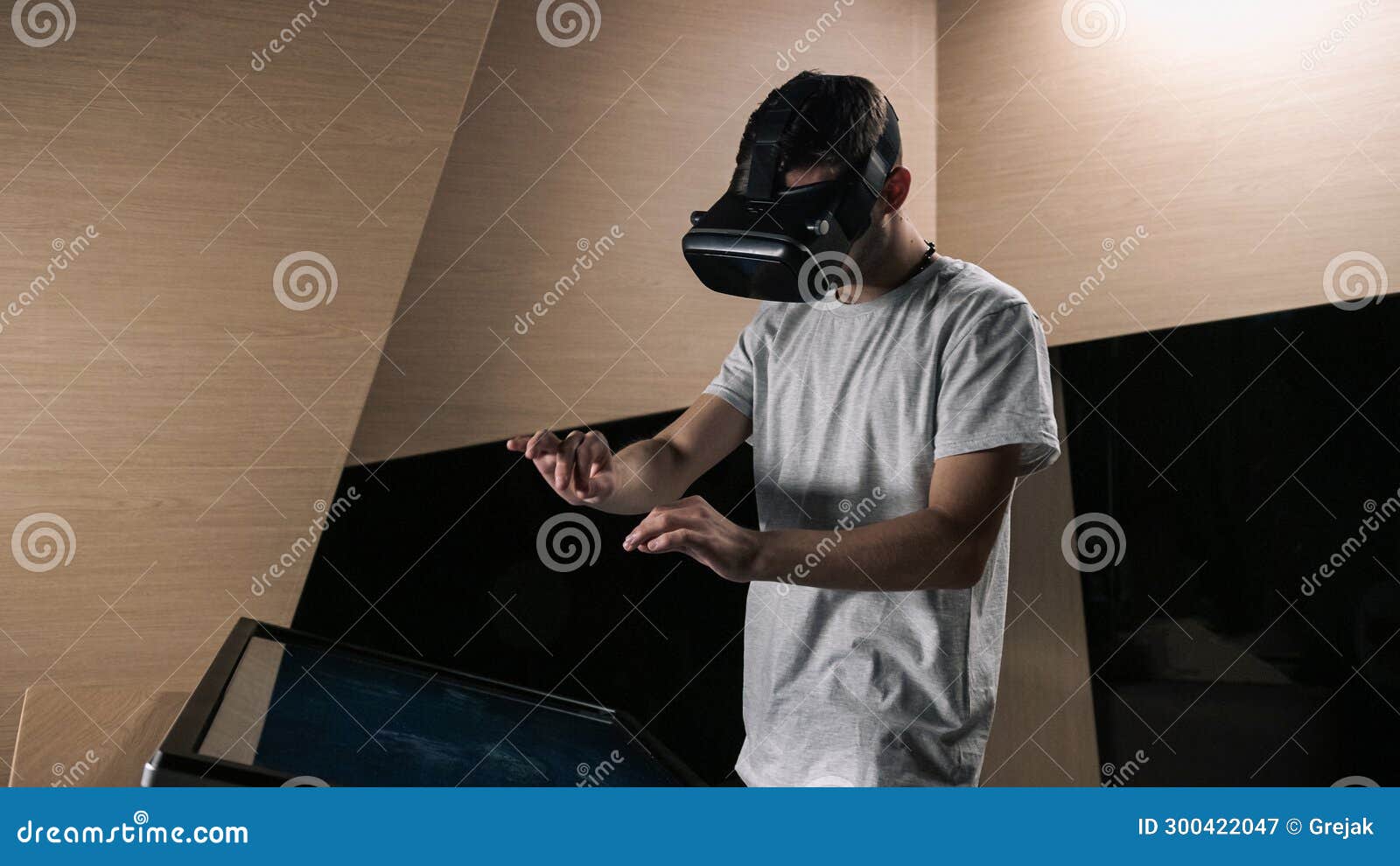Man Using a VR Headset with Motion Tracking Tech, Make Hand Gestures in ...
