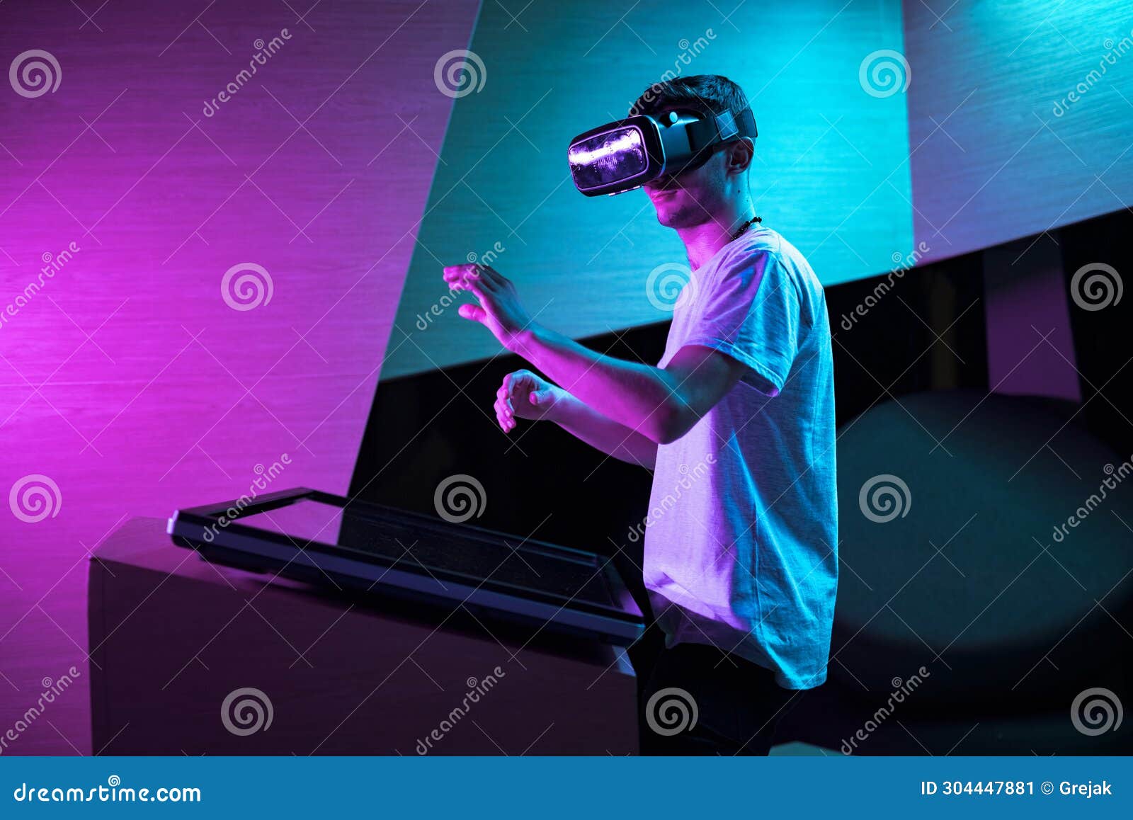 Man Using a VR Headset with Motion Tracking Tech, Make Hand Gestures in ...