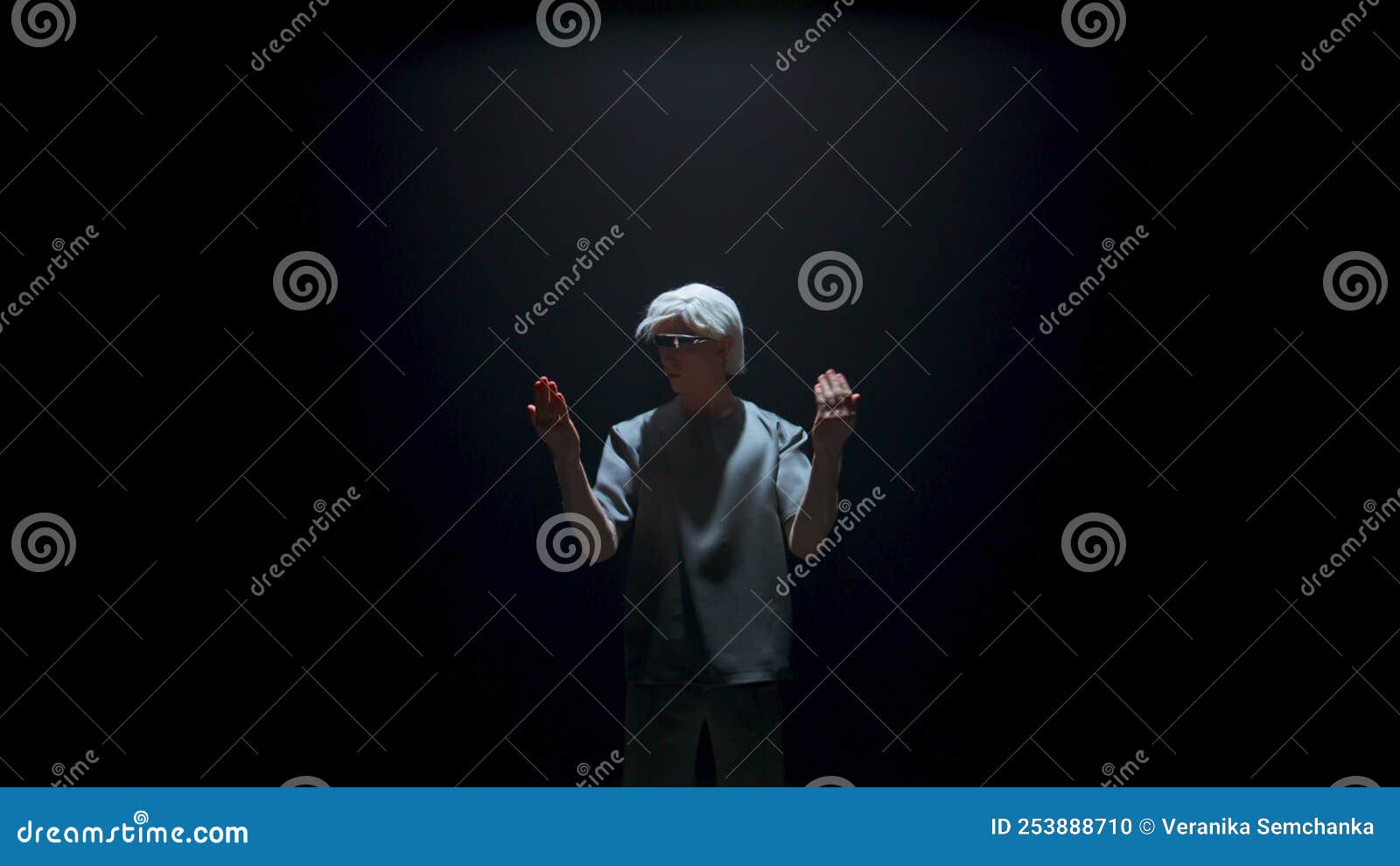 Man Using Vr Headset Touch Invisible Objects in Dark Room. Blonde Guy ...