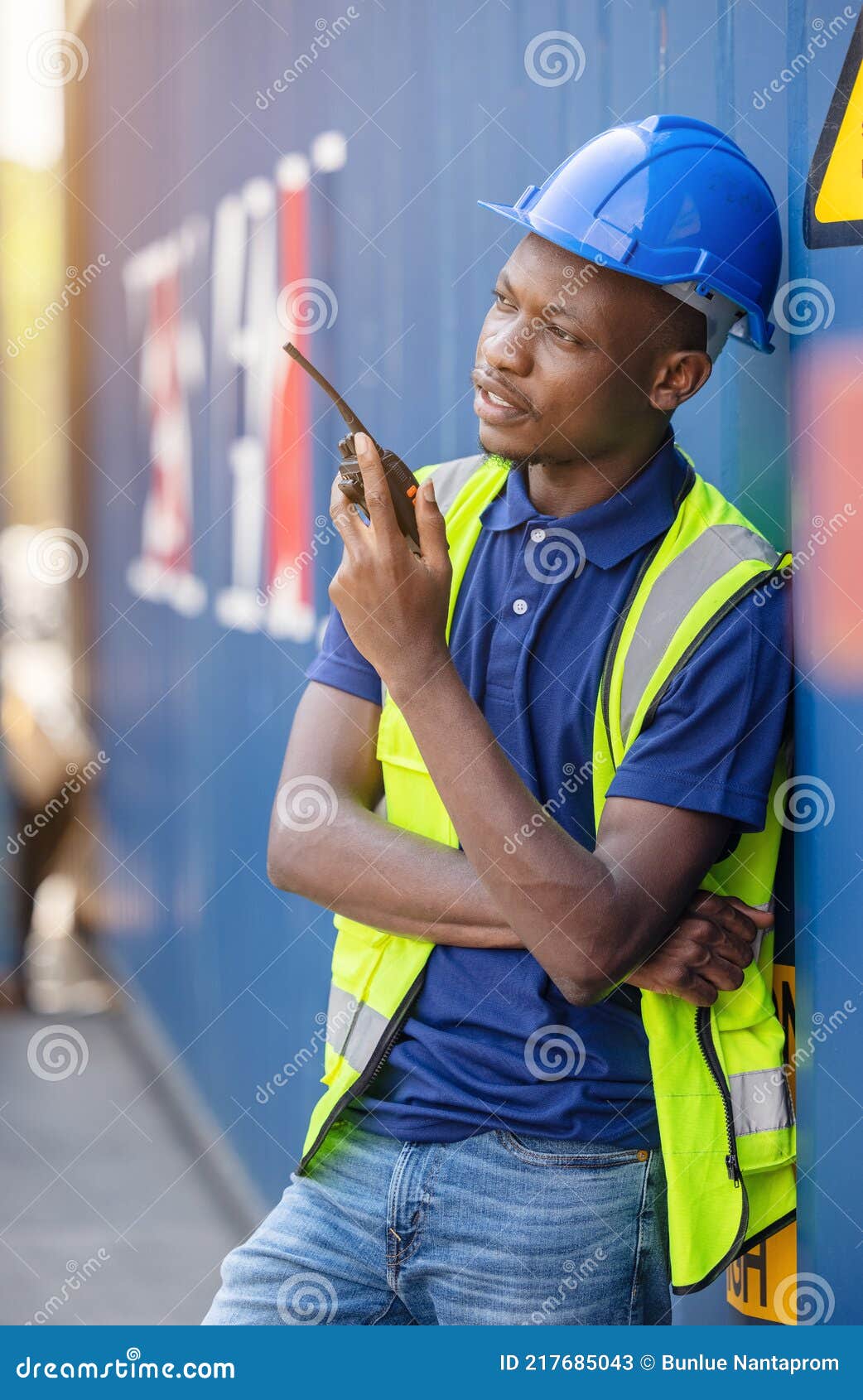 Man Using Walkie Talkie at Container Terminal, Industrial Worker is ...
