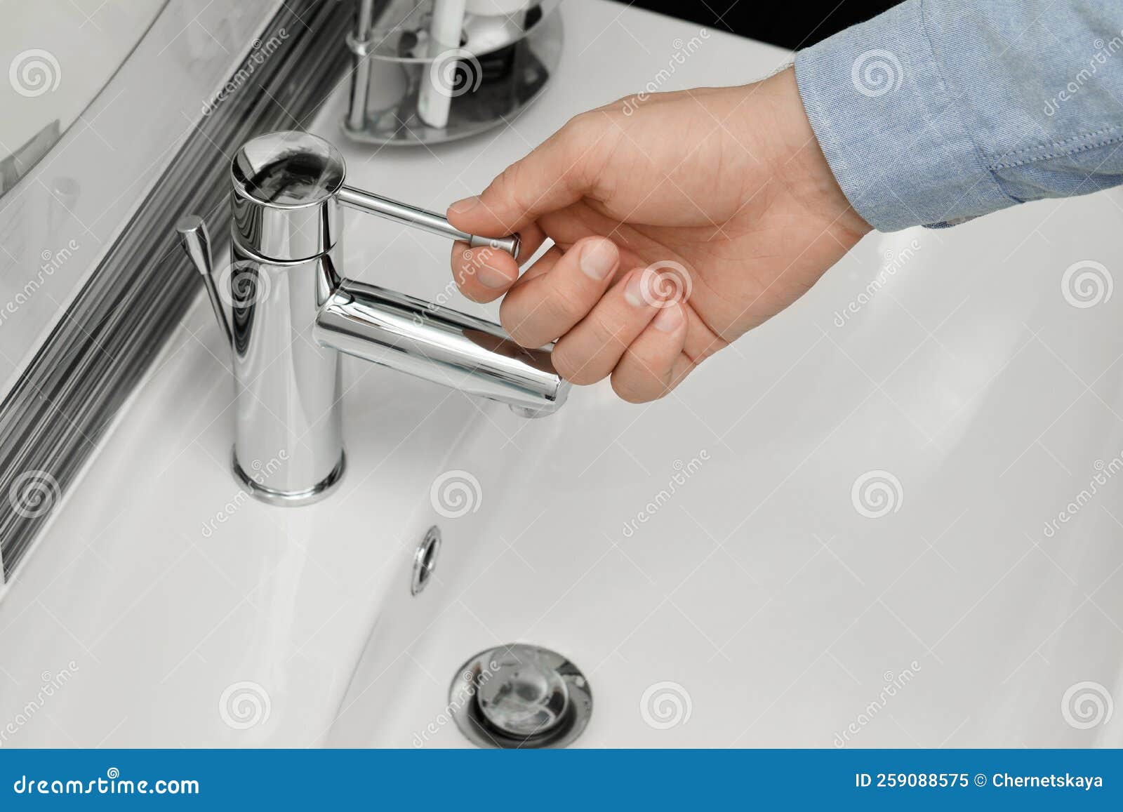 Man Using Water Tap in Bathroom, Closeup Stock Image - Image of metal ...