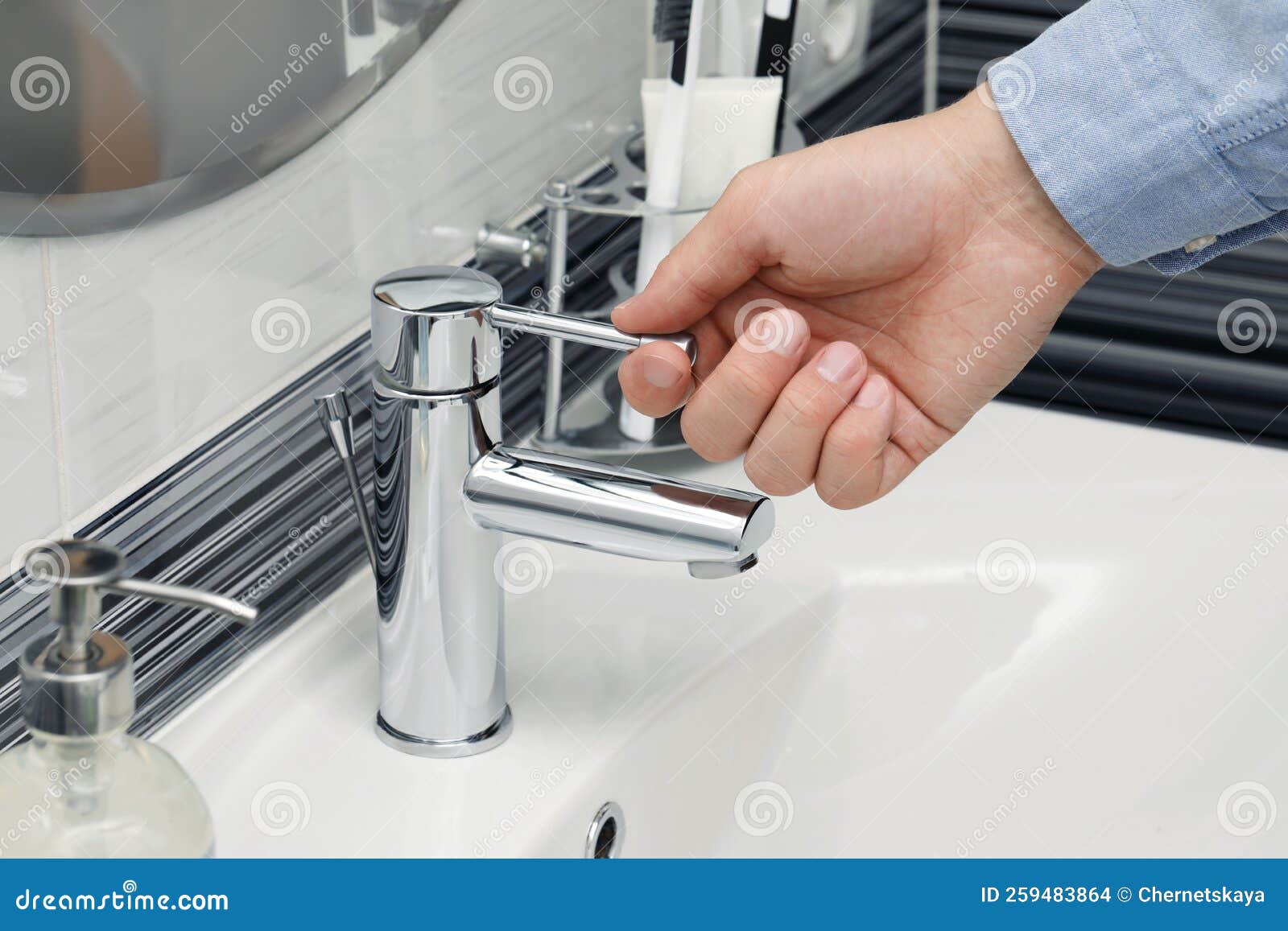 Man Using Water Tap in Bathroom, Closeup Stock Photo - Image of ...