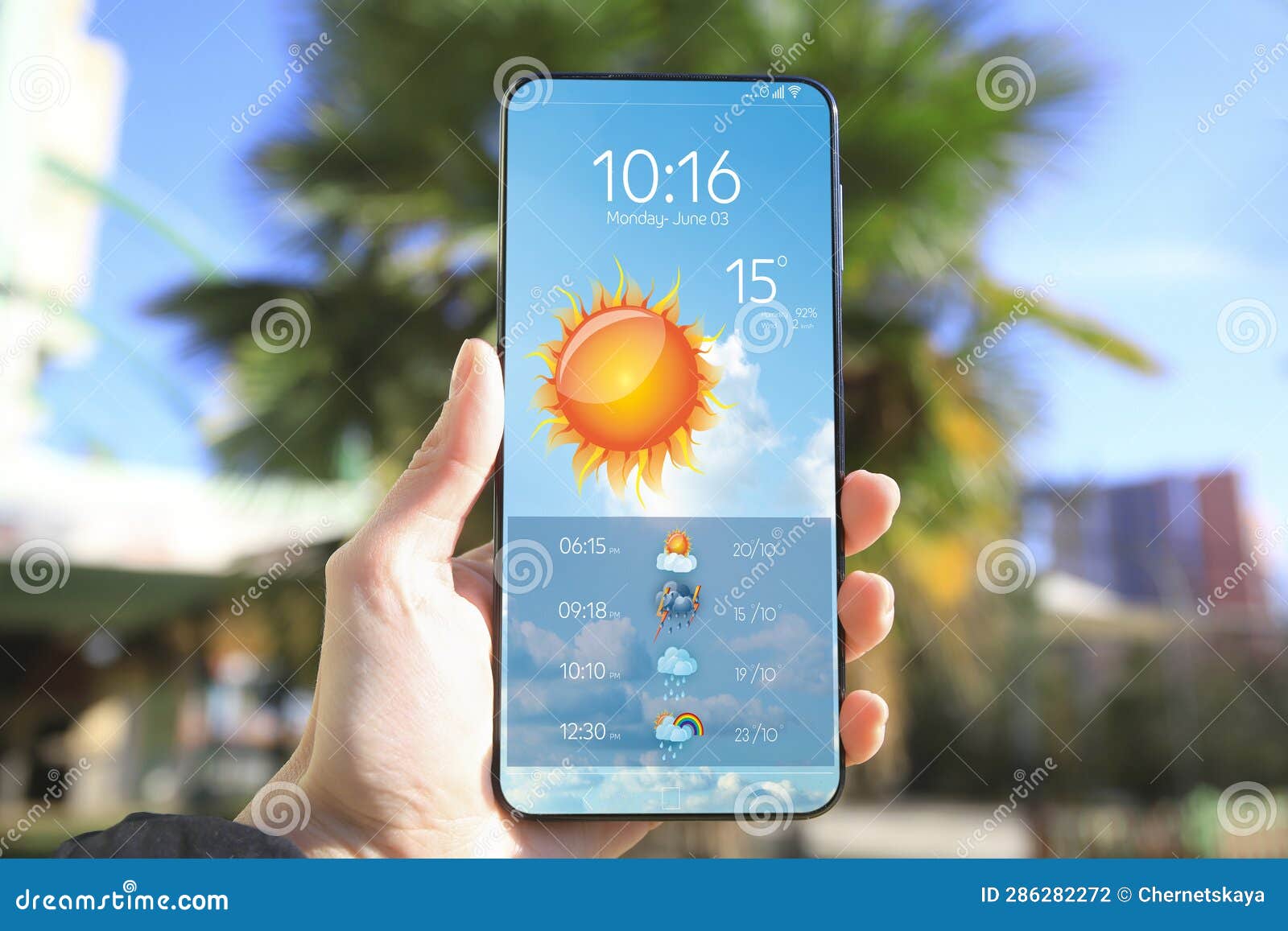 Man Using Weather Forecast App on Smartphone Outdoors on Sunny Day ...
