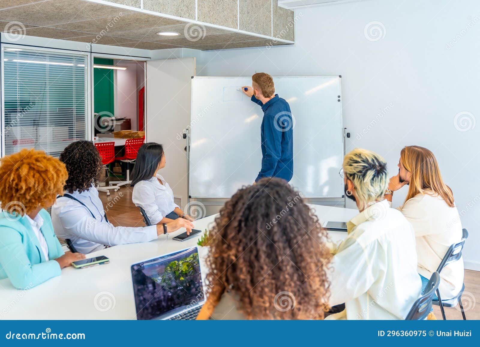 Man Using a White Board in a Coworking Meeting Stock Image - Image of ...