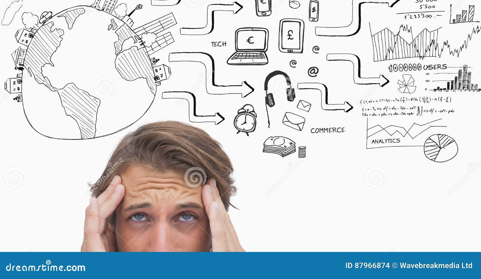 Man with Various Business Graphics Icon Over Head Stock Photo - Image ...