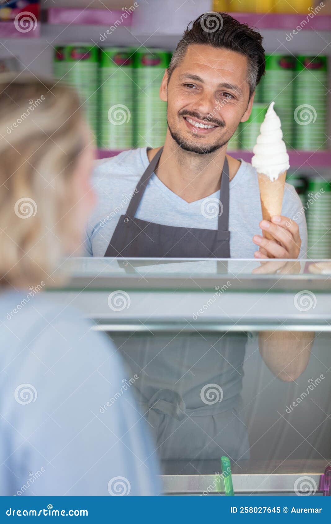 Man Vendor Selling Ice Cream in Shop Stock Image - Image of uniform ...