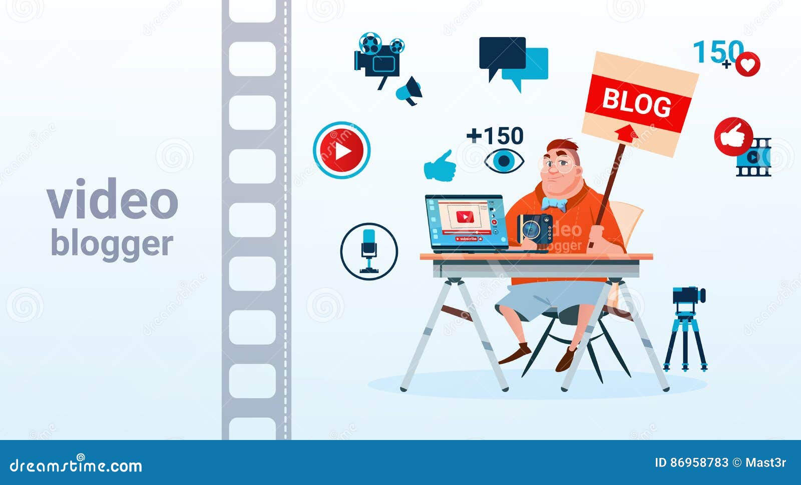 Man Video Blogger Camera Computer Screen Blogging Subscribe Concept ...