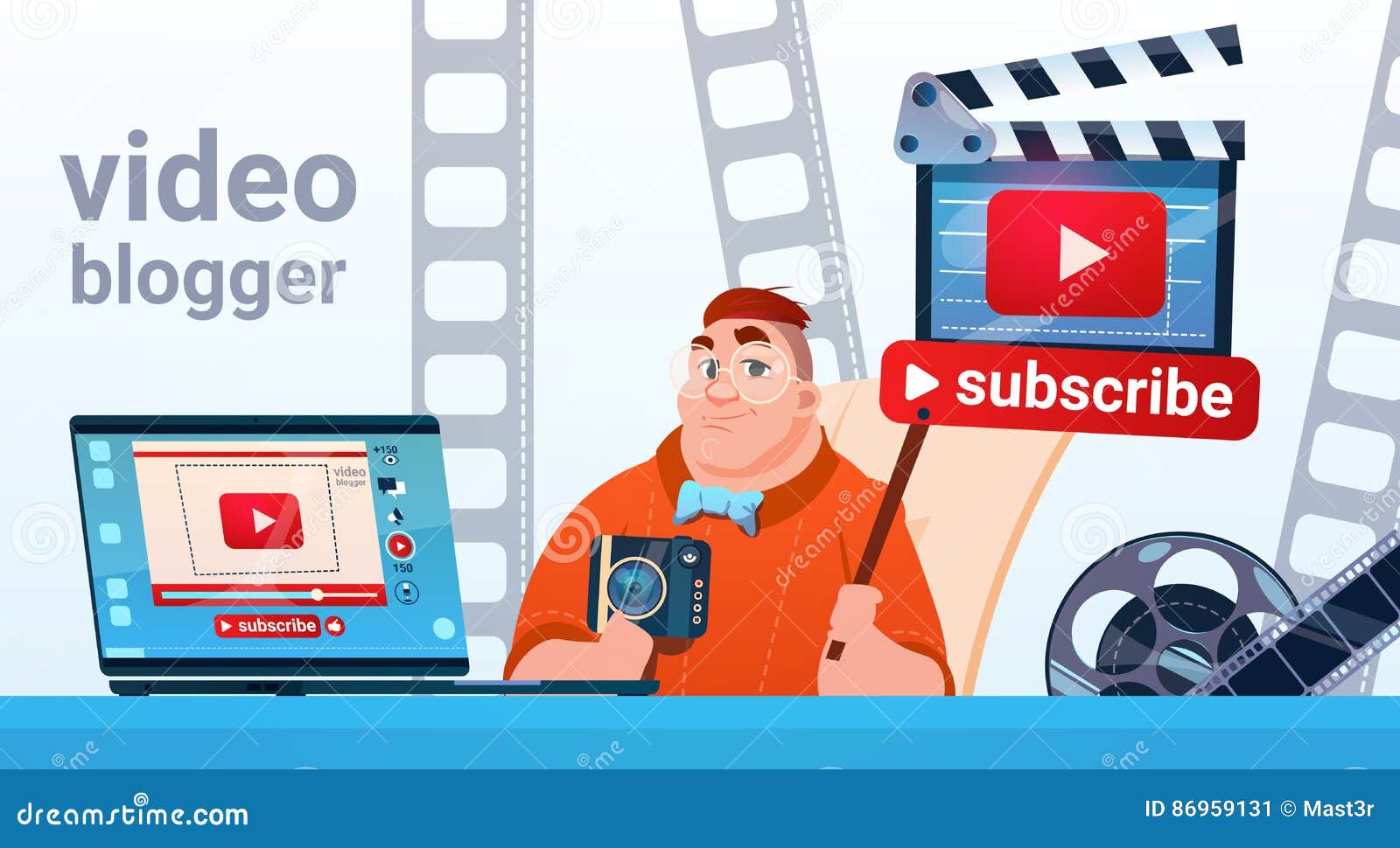 Man Video Blogger Camera Computer Screen Blogging Subscribe Concept ...