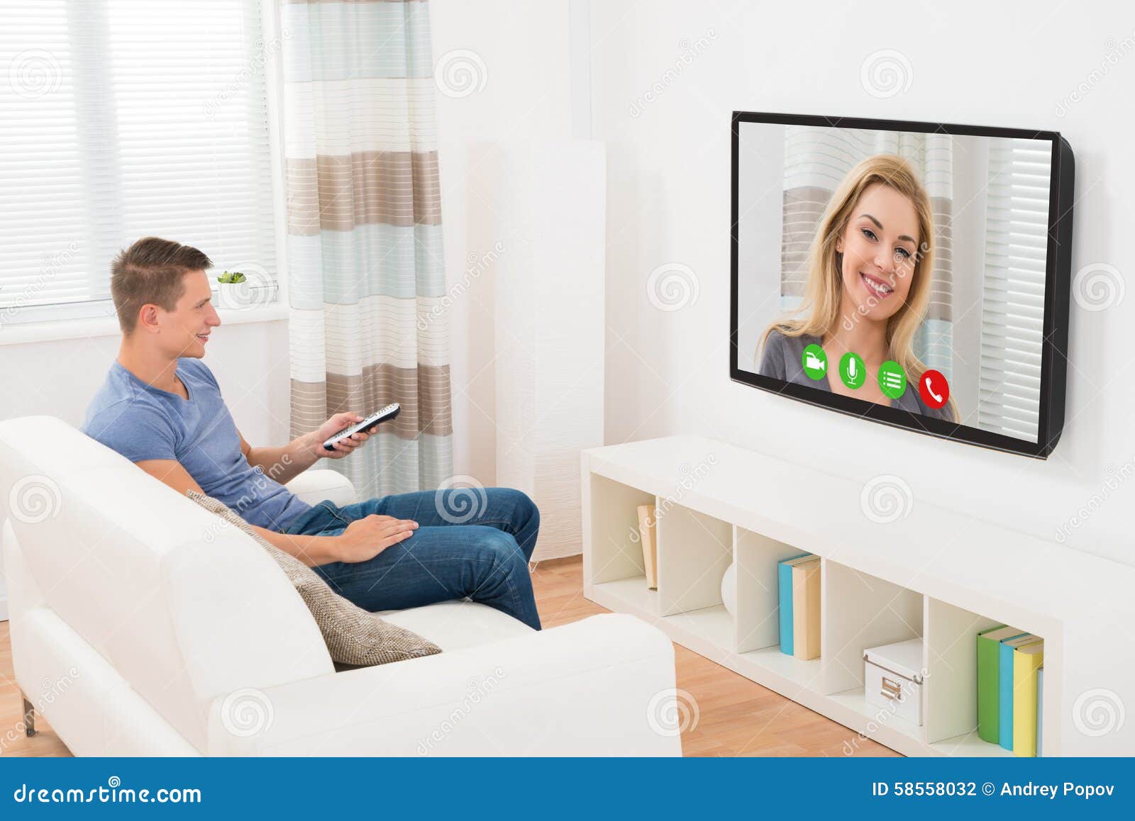 Man Video Chatting Using Television Stock Photo - Image of meet, male ...