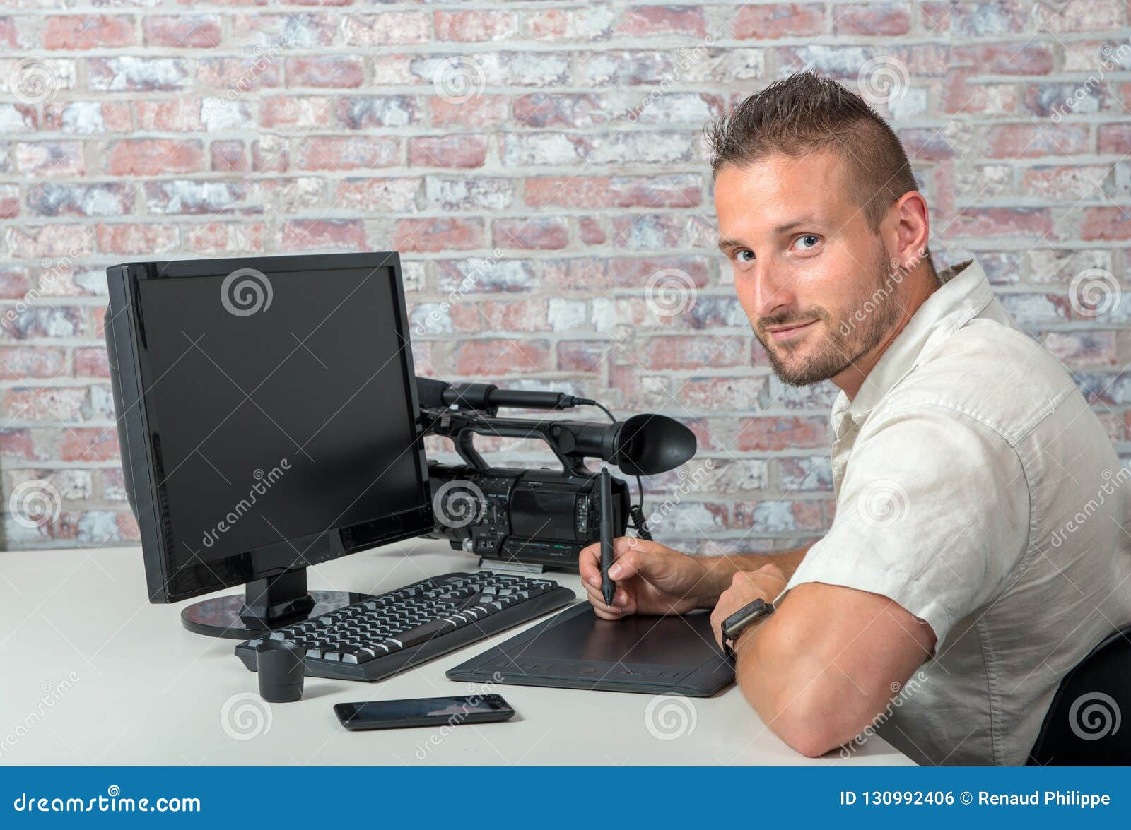 Man Video Editor Using Graphic Tablet Stock Photo - Image of broadcast ...