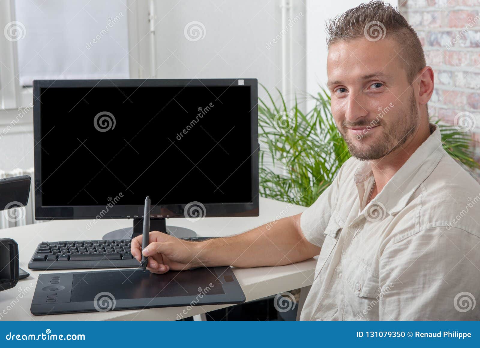 Man Video Editor Using Graphic Tablet Stock Photo - Image of video ...