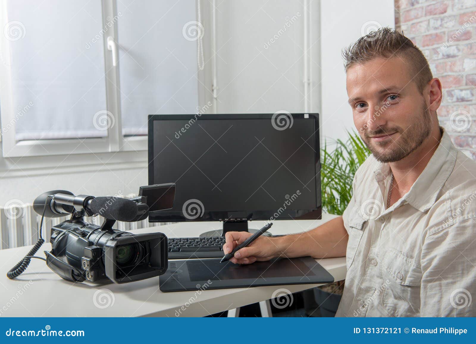 Man Video Editor Using Graphic Tablet Stock Image - Image of desktop ...