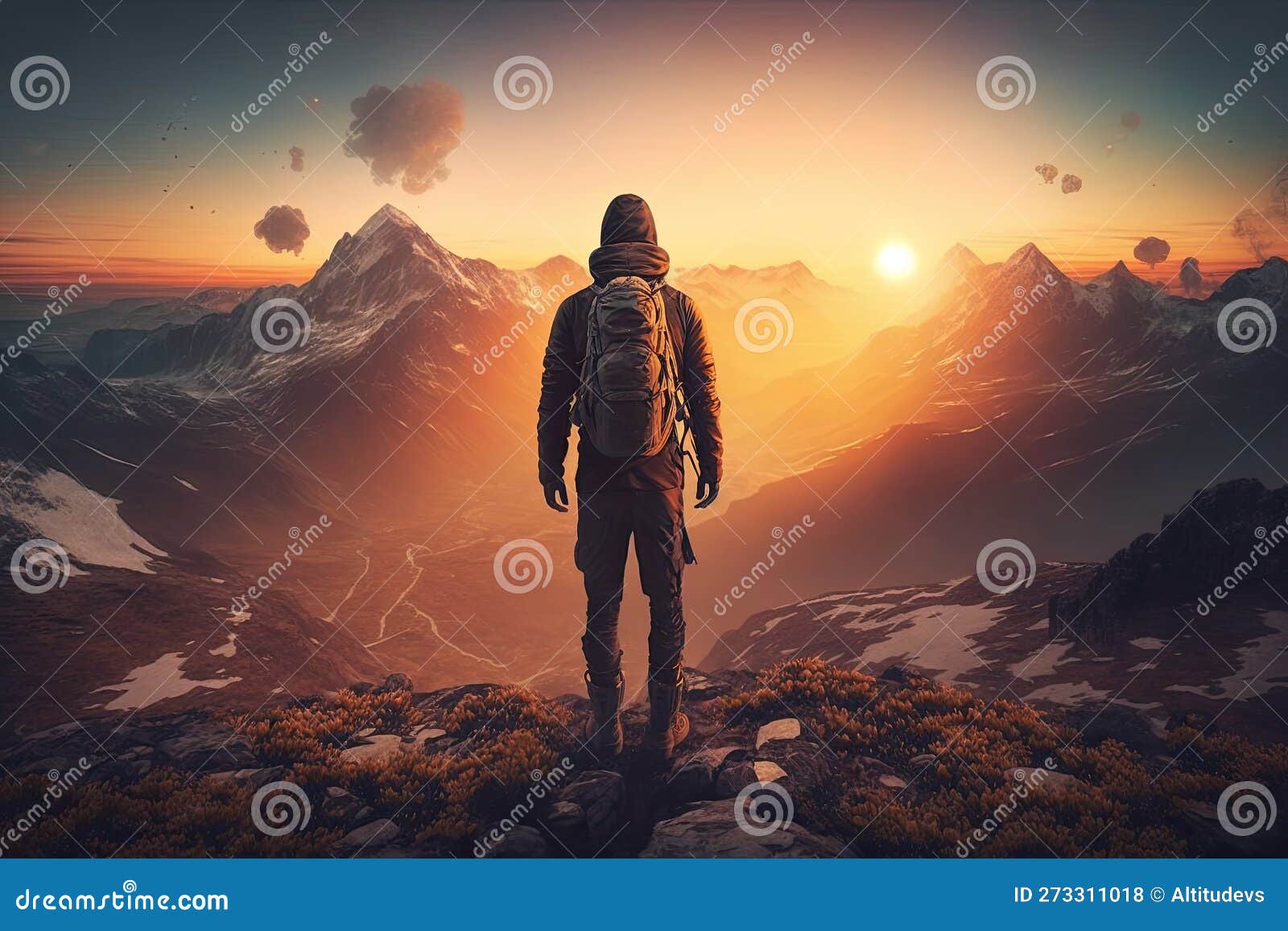 Man, with View of the Sunrise Over Mountain Range, Standing on ...