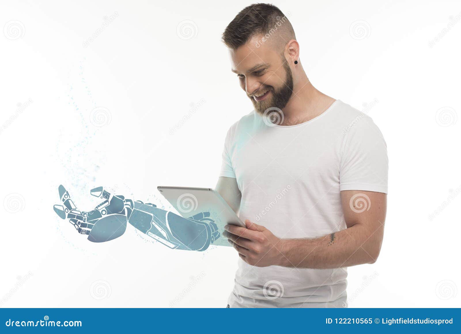 Man with virtual hand stock image. Image of notebook - 122210565