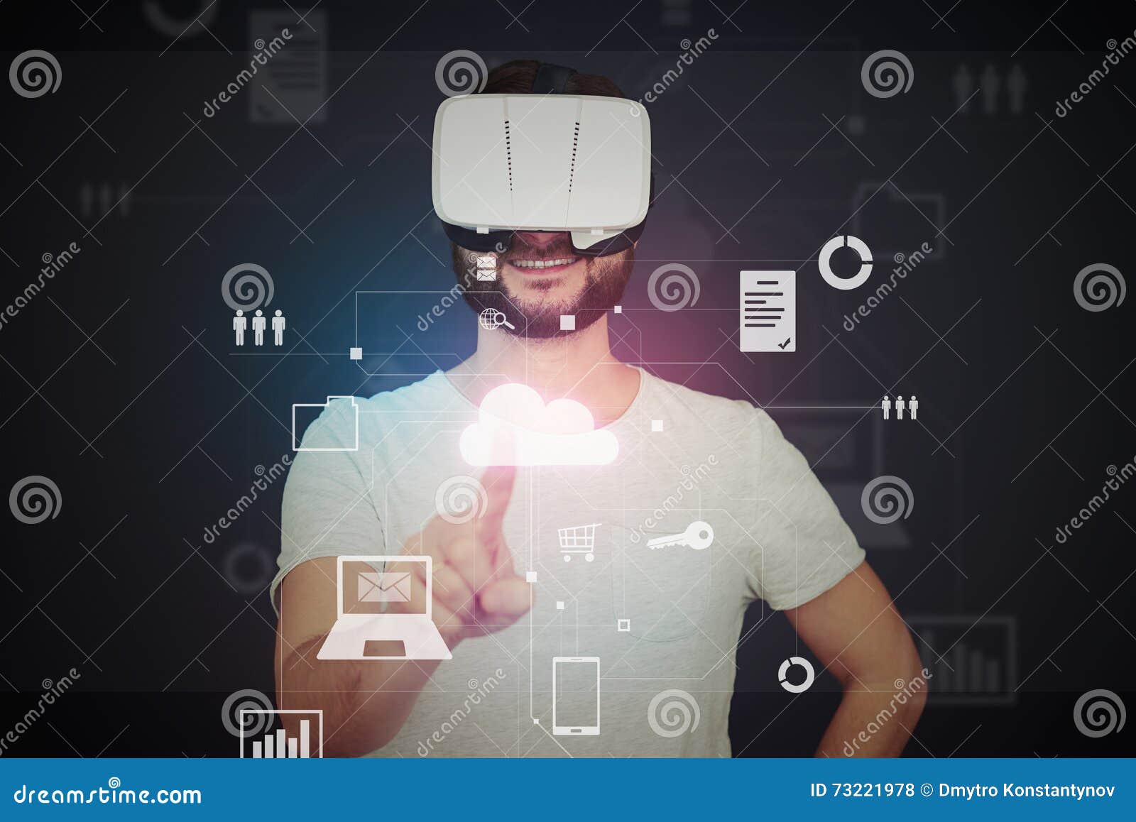 Man in Virtual Reality Glasses Using Virtual Touch Screen Techn Stock ...