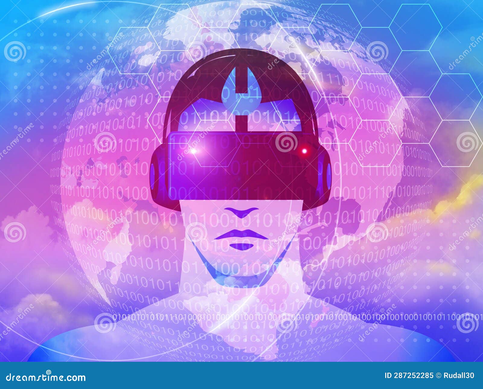 Man in Virtual Reality Goggles Against a Futuristic Cloudscape Backdrop ...