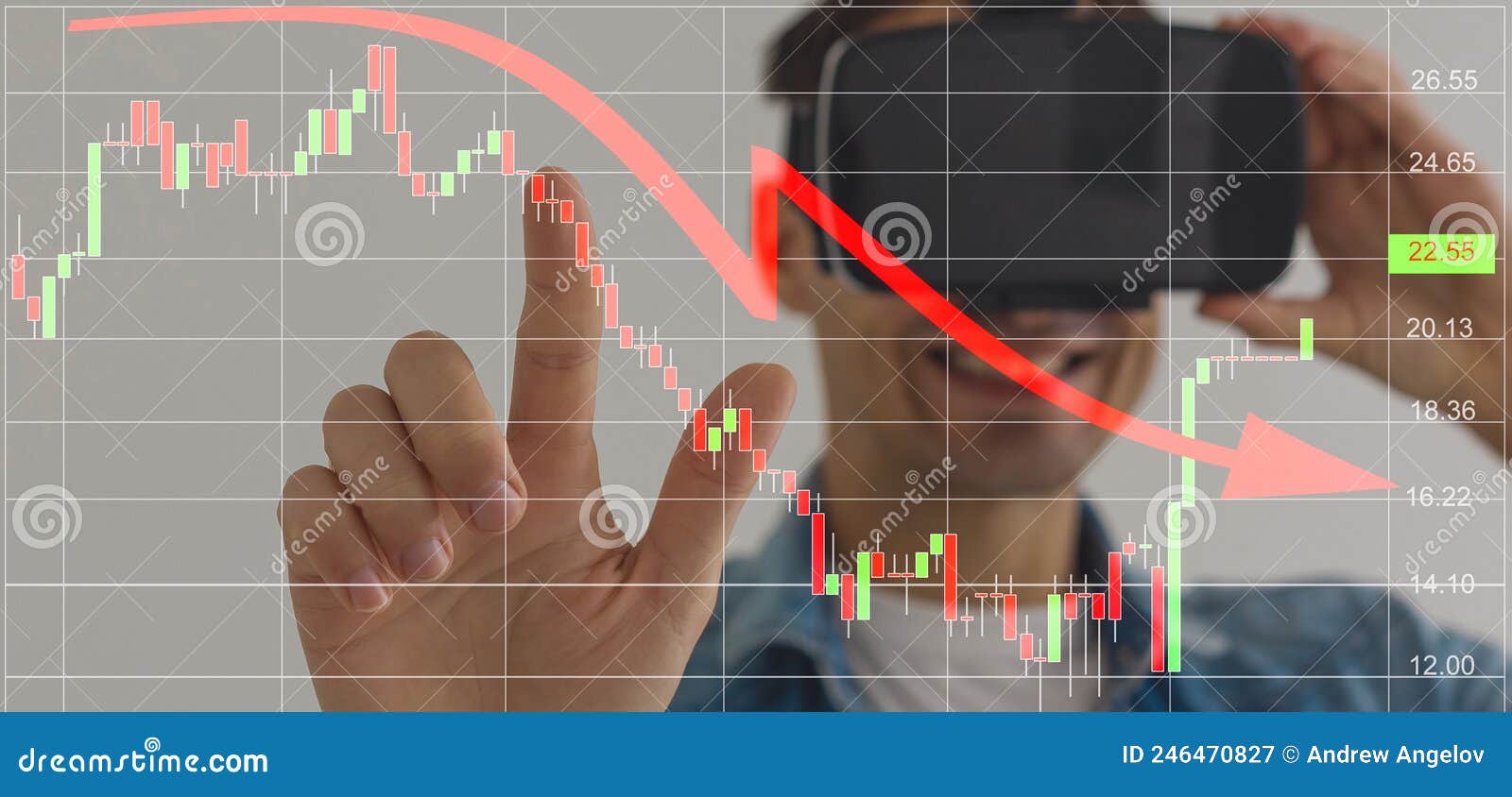 Man in Virtual Reality Headset Against Chart in the Fall, Going Down ...