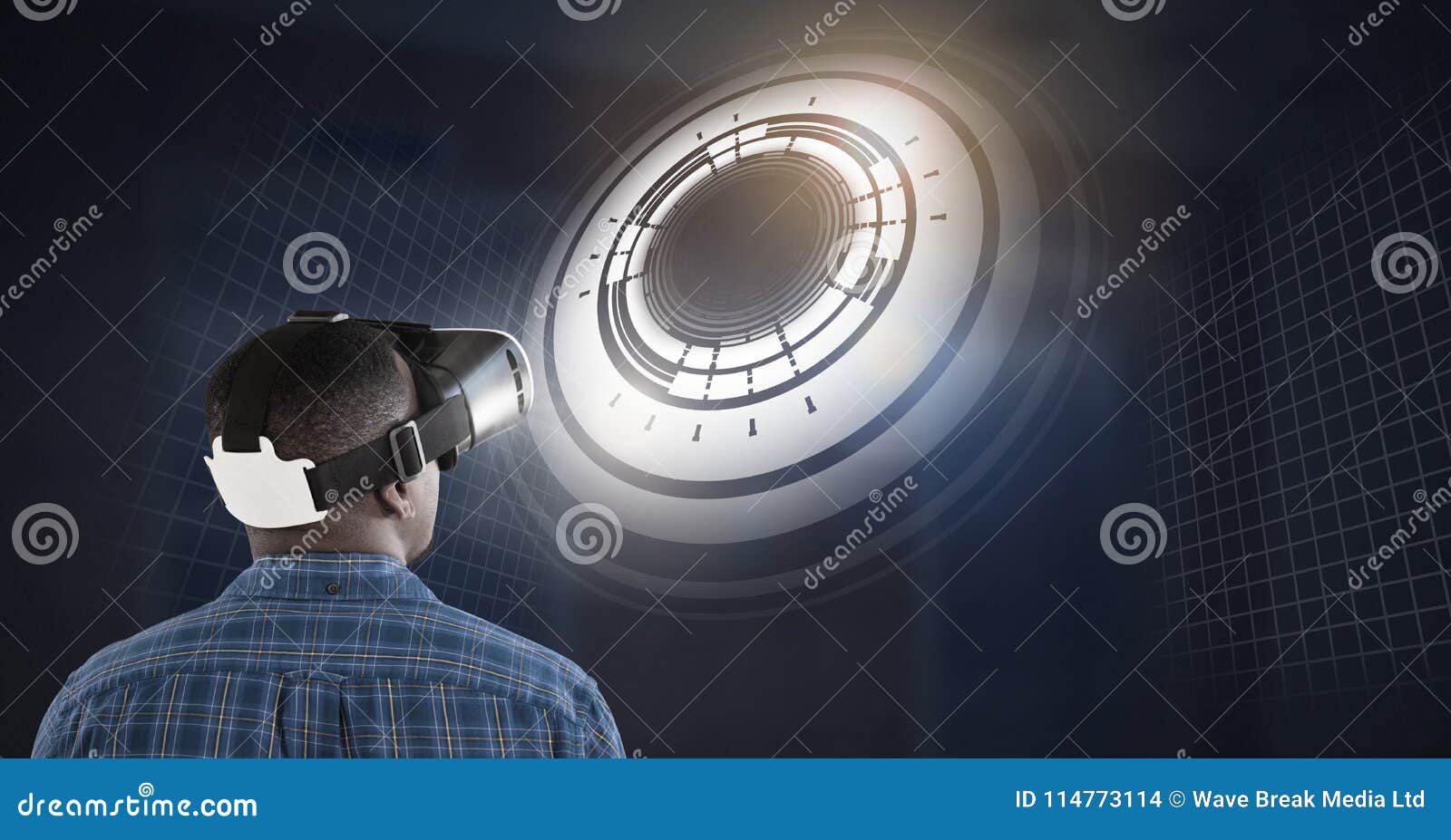 Man with Virtual Reality Headset and Glowing Circle Technology ...