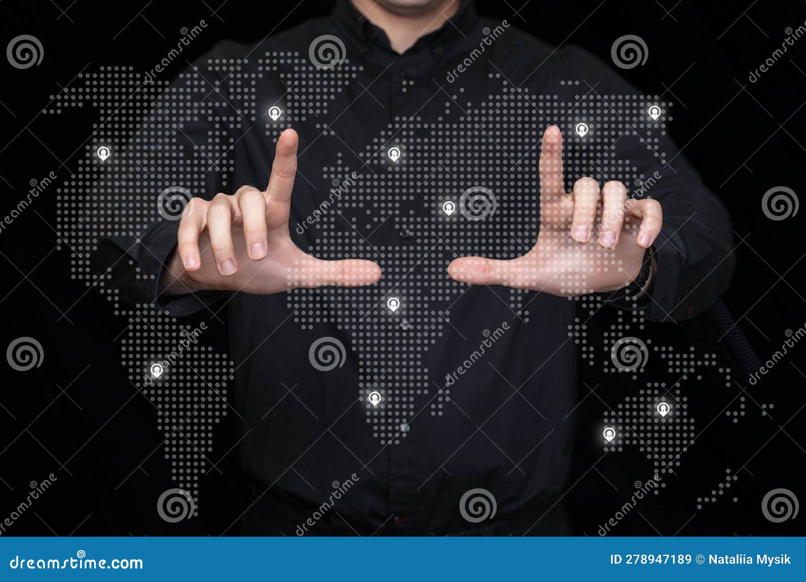 A Man on a Virtual Screen Examines a Map Stock Image - Image of global ...