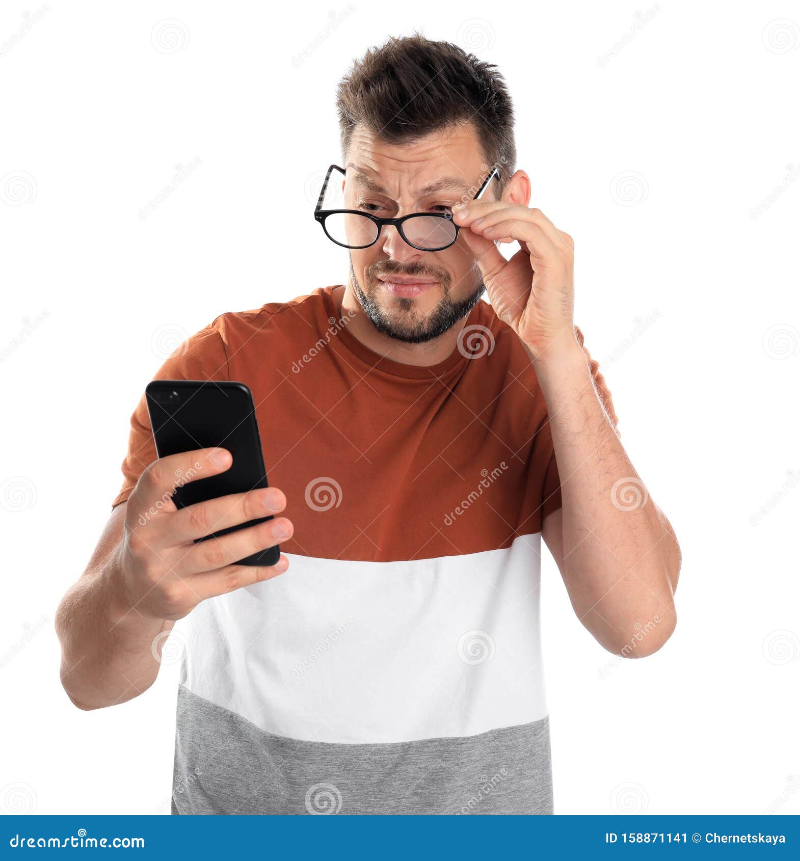 Man with Vision Problems Using Smartphone on Background Stock Image ...