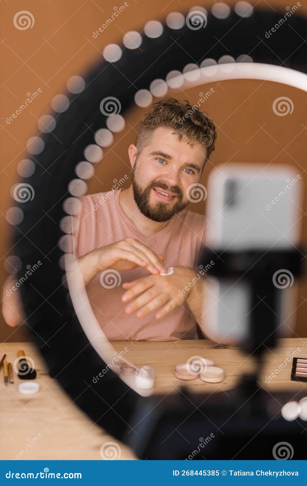 Man Vlogging About Make Up And Beauty Products Male Shooting A Makeup