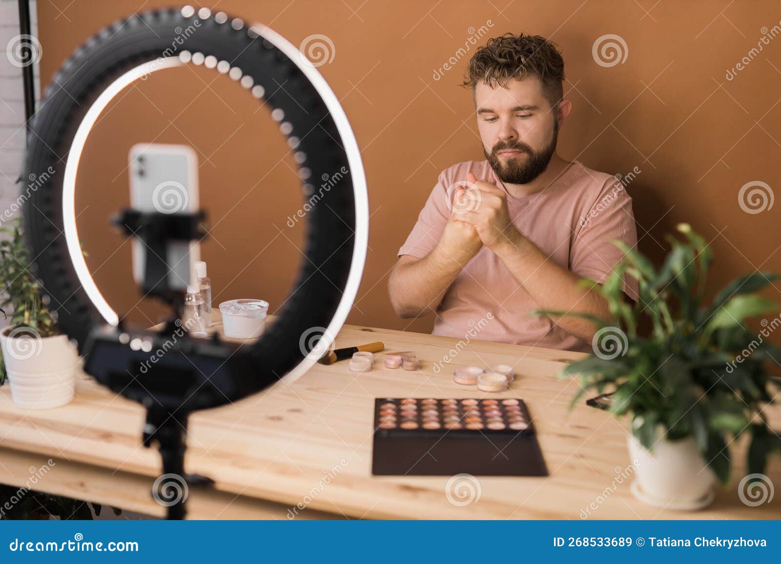 Man Vlogging about Make Up and Beauty Products. Male Shooting a Makeup ...