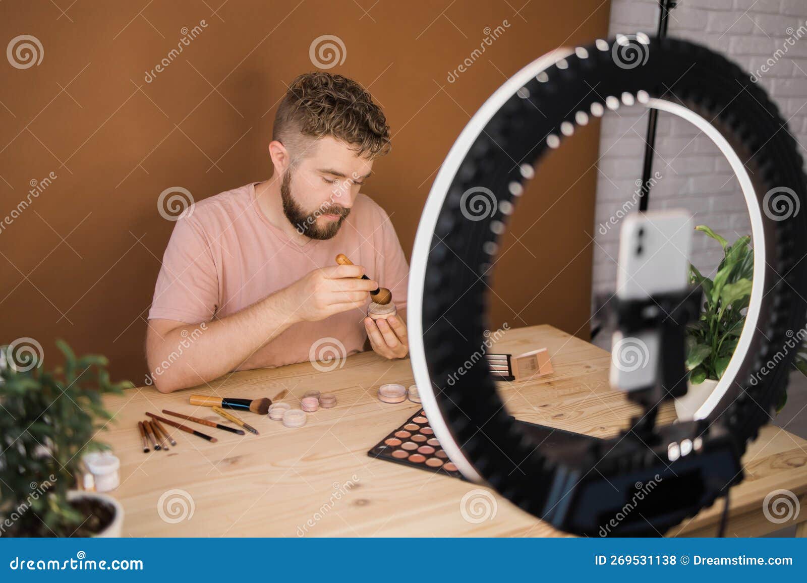 Man Vlogging about Make Up and Beauty Products. Male Shooting a Makeup ...