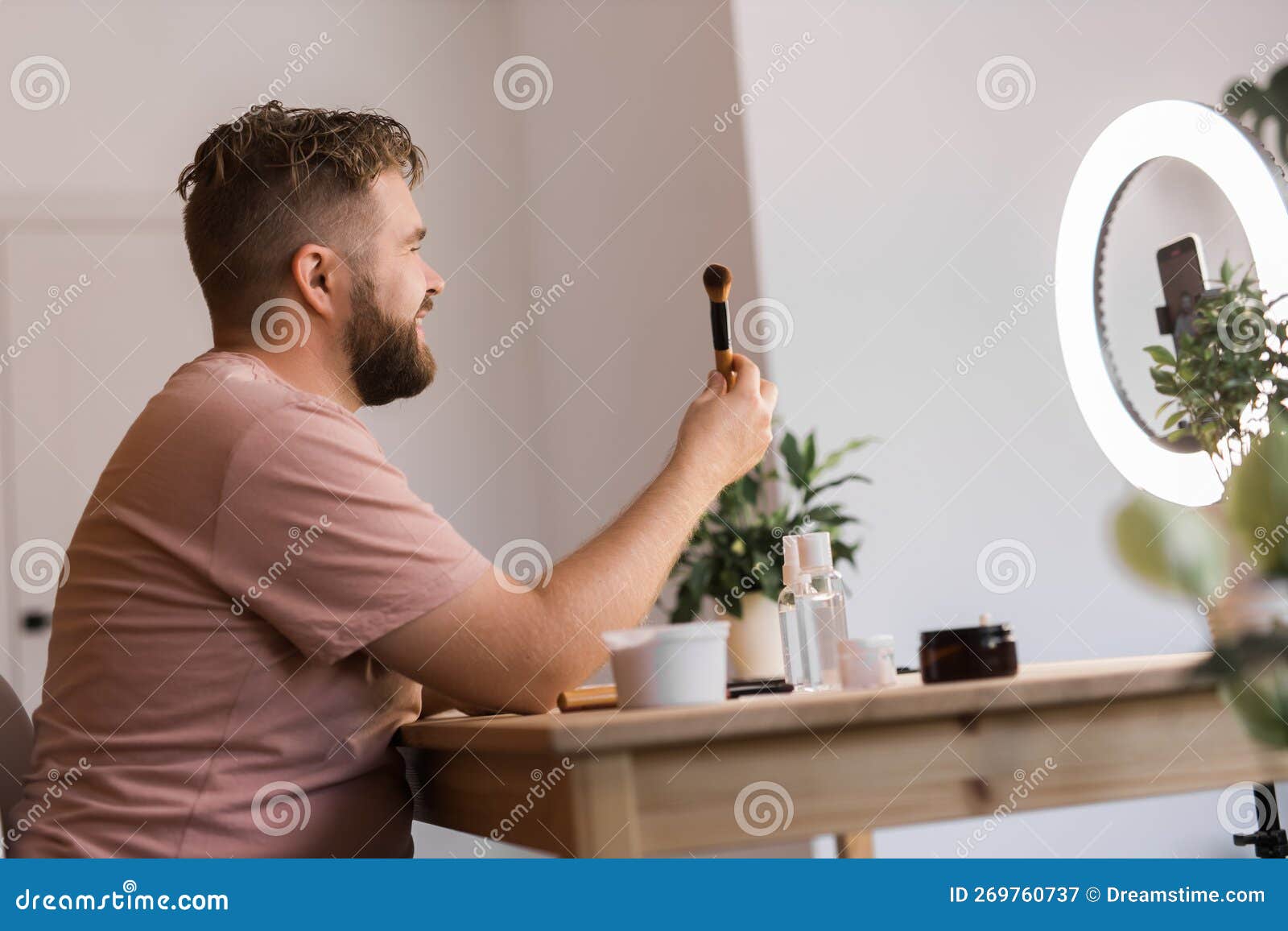 Man Vlogging about Make Up and Beauty Products. Male Shooting a Makeup ...